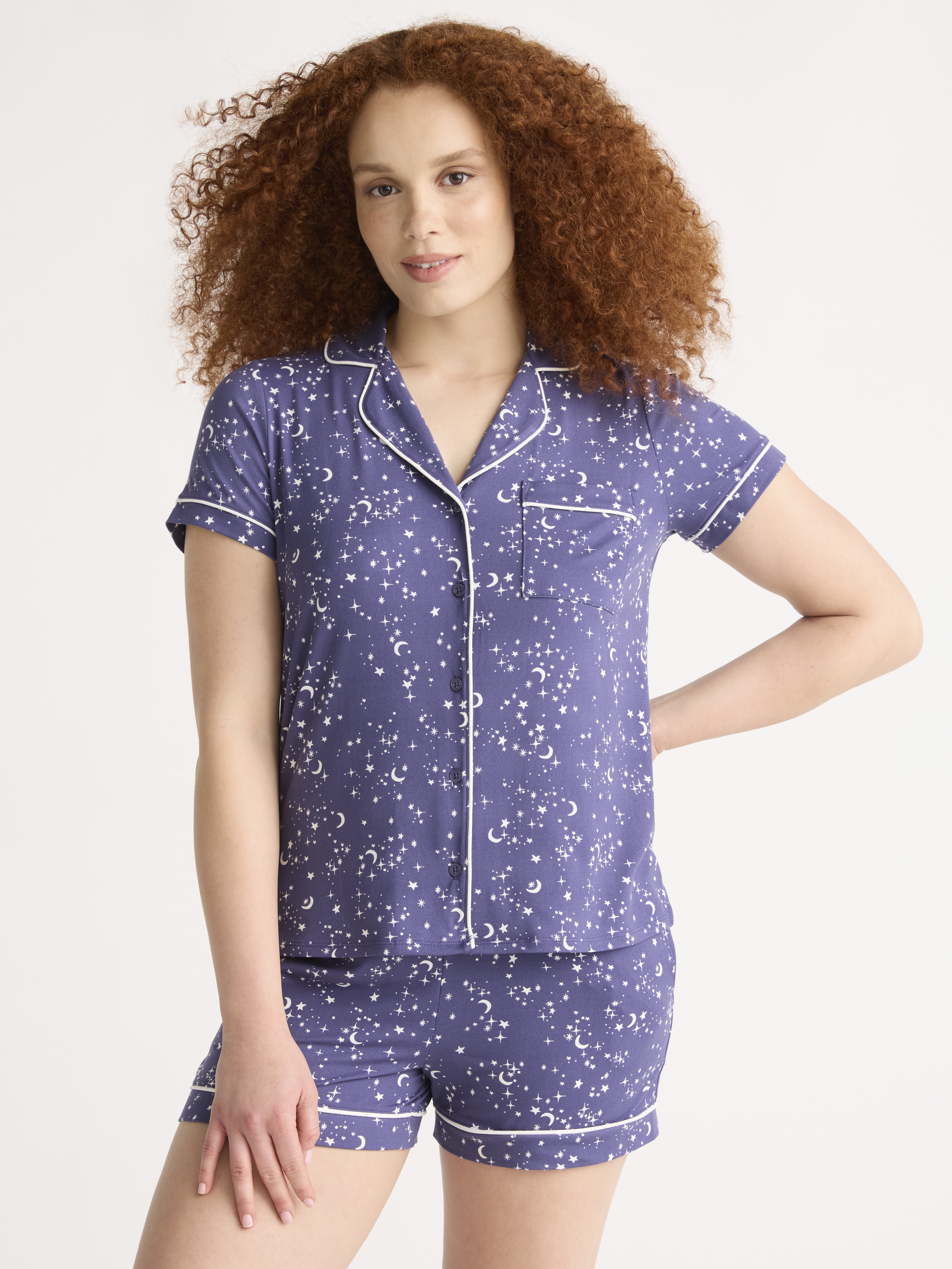 Joyspun Women's Short Sleeve Knit Notch Collar Pajama Set with Shorts ...