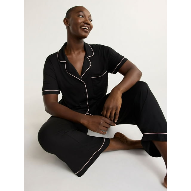 Joyspun Women's Notch Collar Short Sleeve Knit Top & Capri Pajama Set, 2-Piece, Sizes XS-3X ...