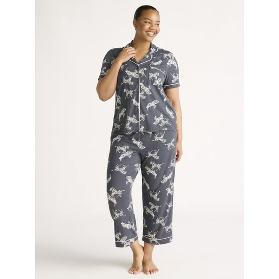 Joyspun Women's Knit Notch Collar Short Sleeve Top & Capri Pajama Set ...