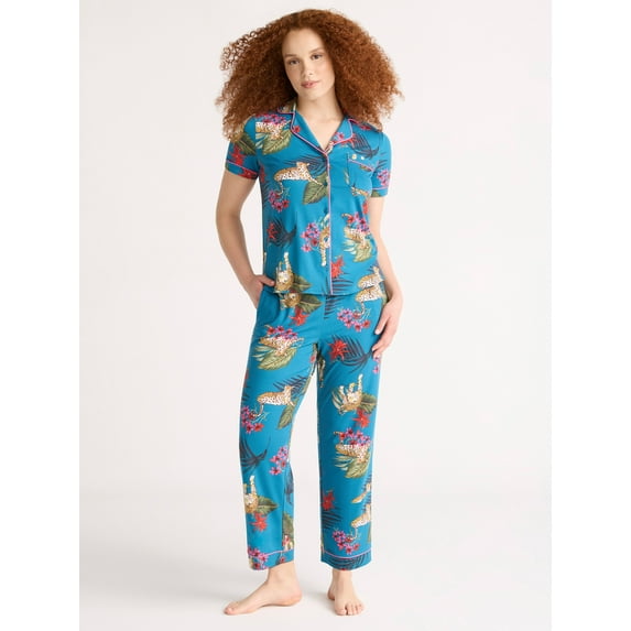 Joyspun Women's Dreamy Soft Notch Collar Short Sleeve Knit Top Capri ...