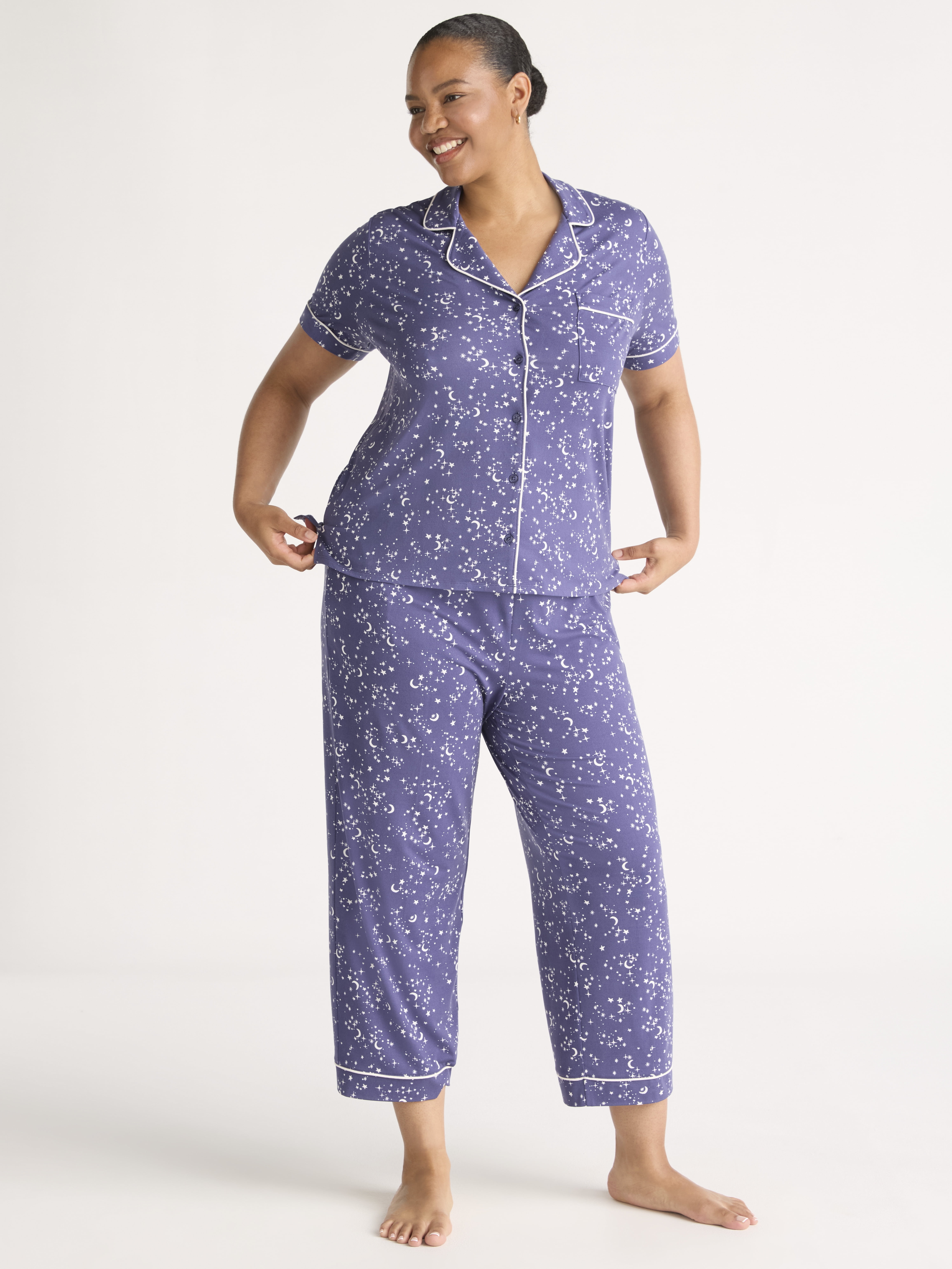Joyspun Women's Notch Collar Short Sleeve Knit Top Capri Pajama Set ...