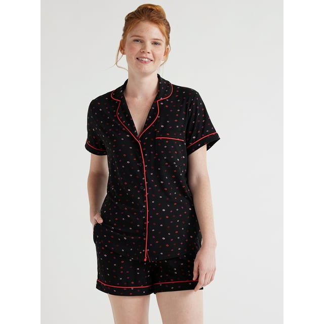 Joyspun Women’s Short Sleeve Notch Collar Top and Shorts Knit Pajama ...