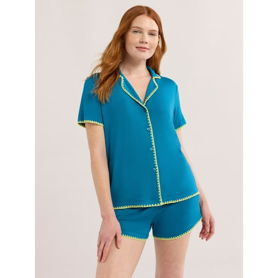 Joyspun Women’s Short Sleeve Notch Top and Shorts Pajama Set with ...