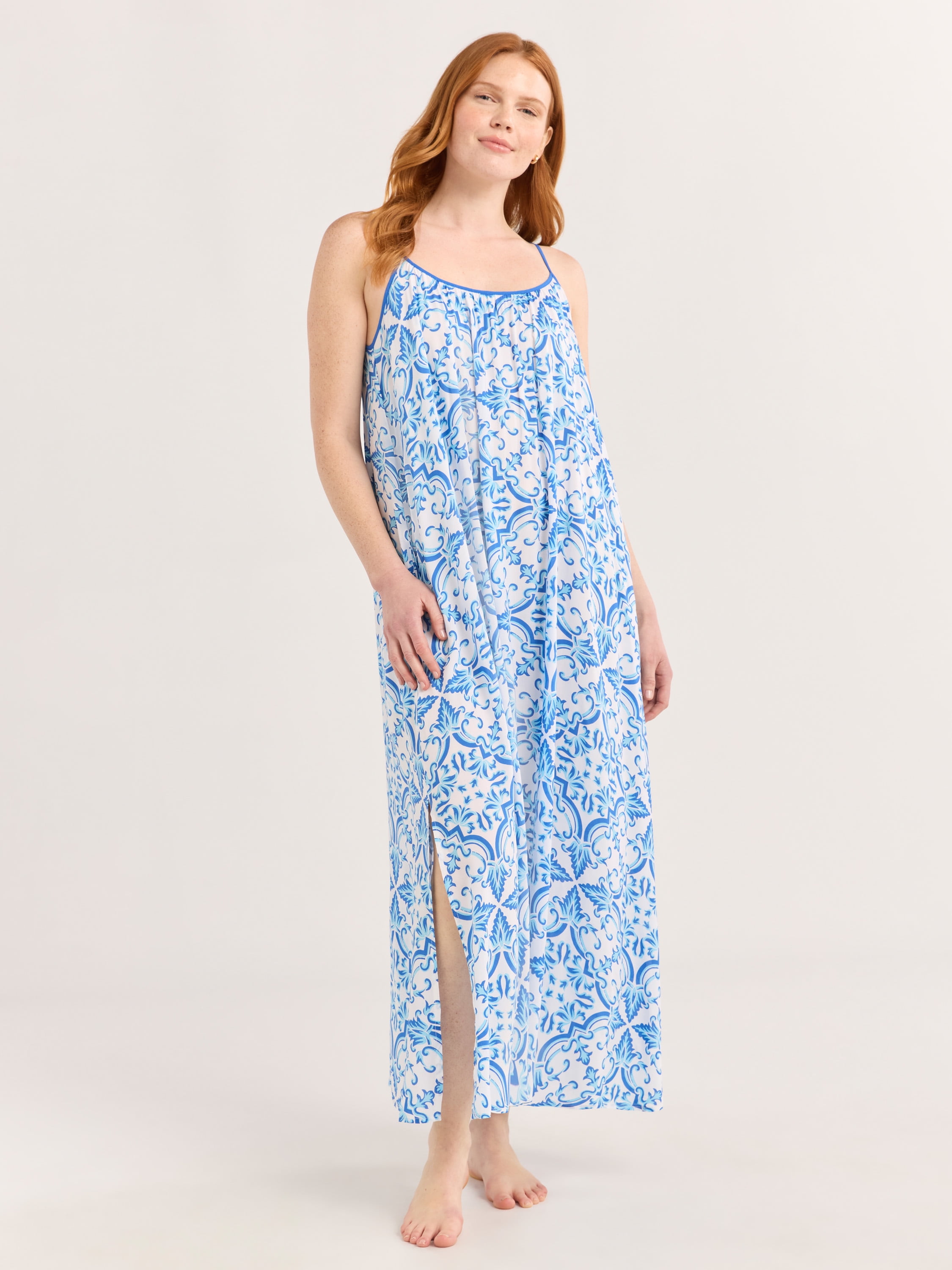 Joyspun Women’s Woven Strappy Maxi Nightgown with Pockets, Adjustable ...