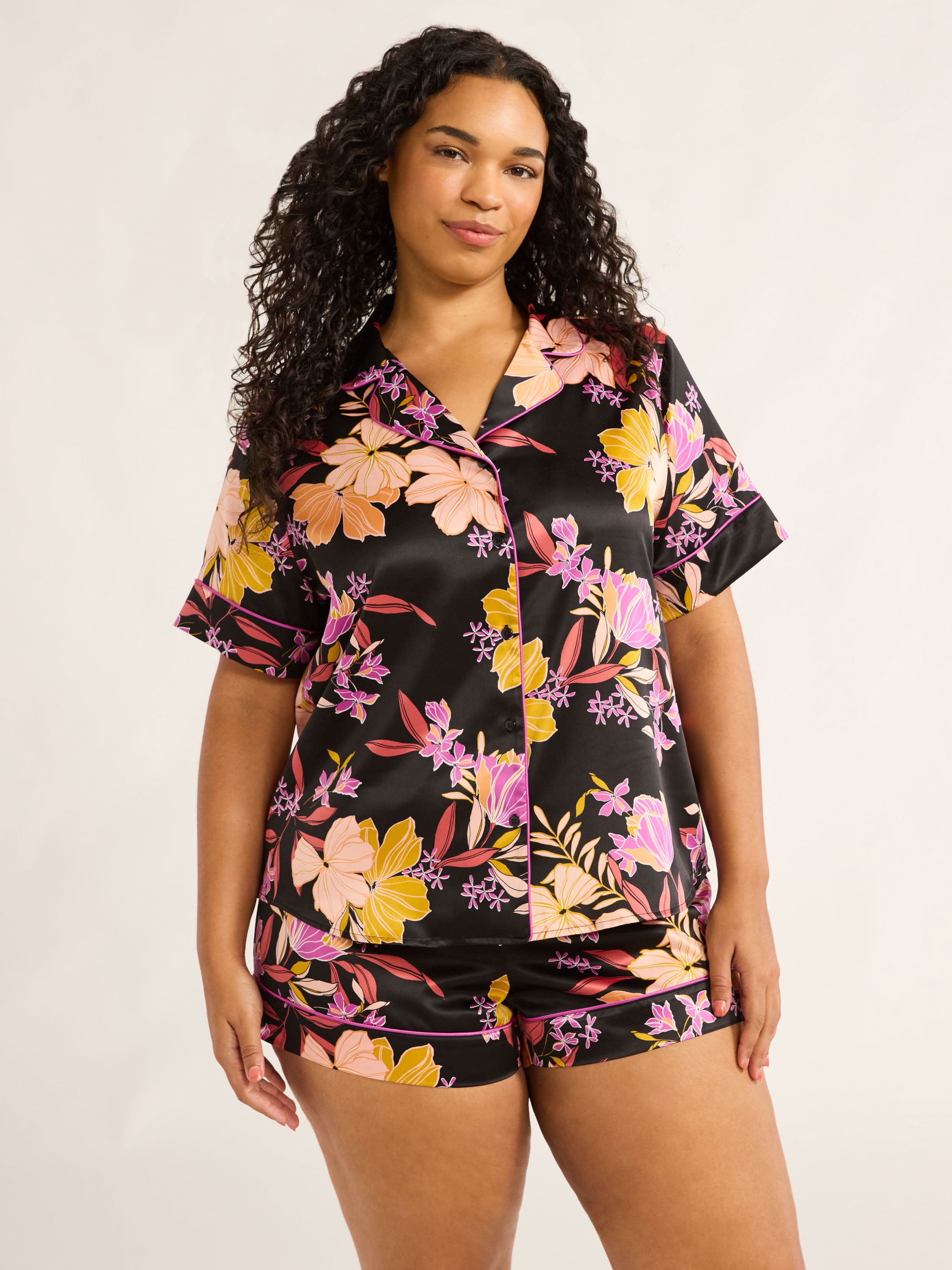 Joyspun Women’s Stretch Satin Shortie Pajama Set, 2-Piece, Sizes XS-3X ...