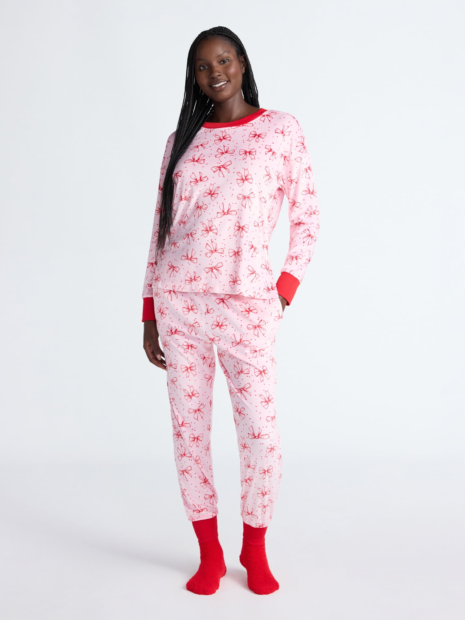 Joyspun Women’s Stretch Velour Long Sleeve Top, Pants, and Socks Pajama ...