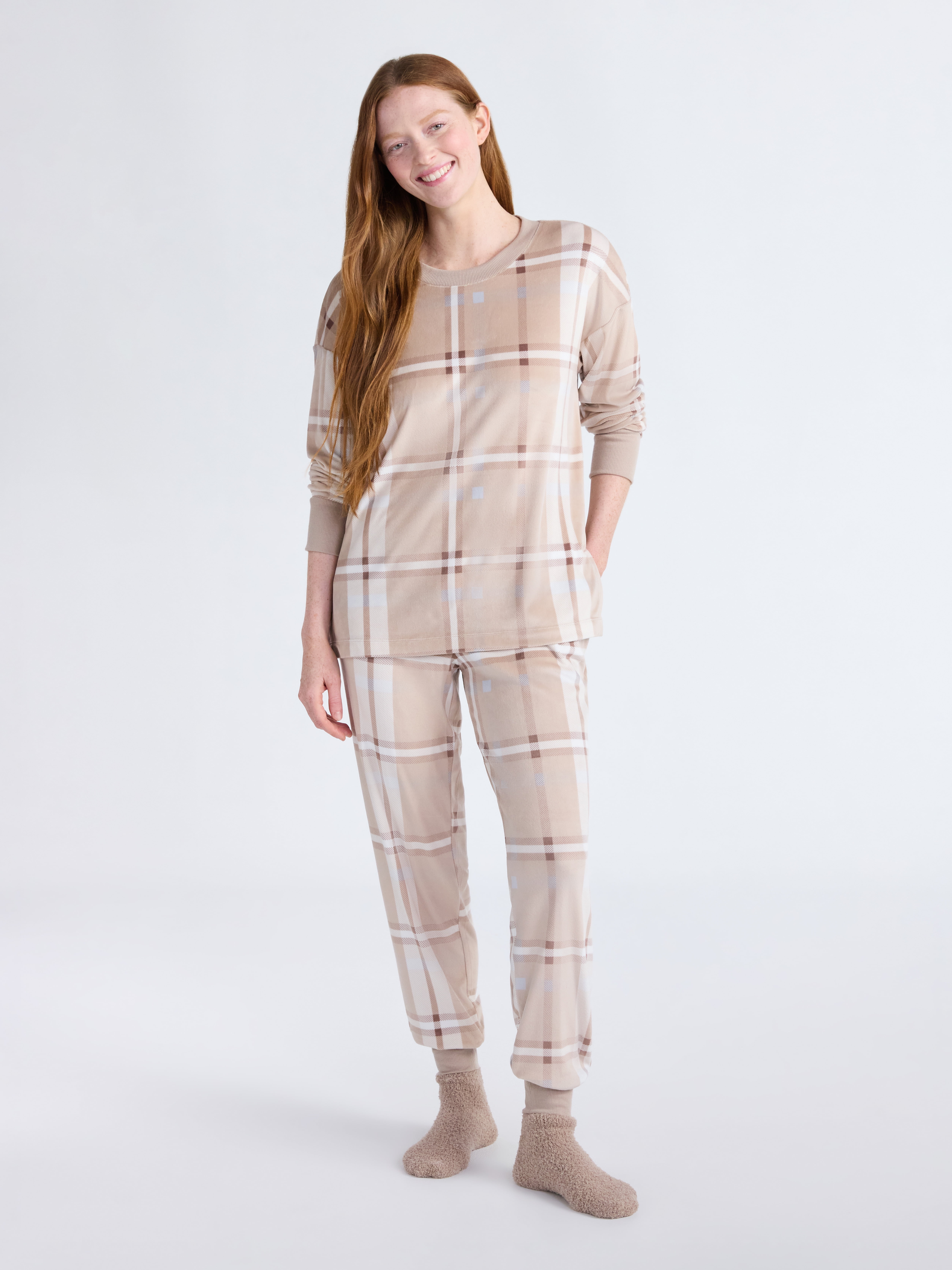 Joyspun Women’s Stretch Velour Long Sleeve Top, Pants, and Socks Pajama ...