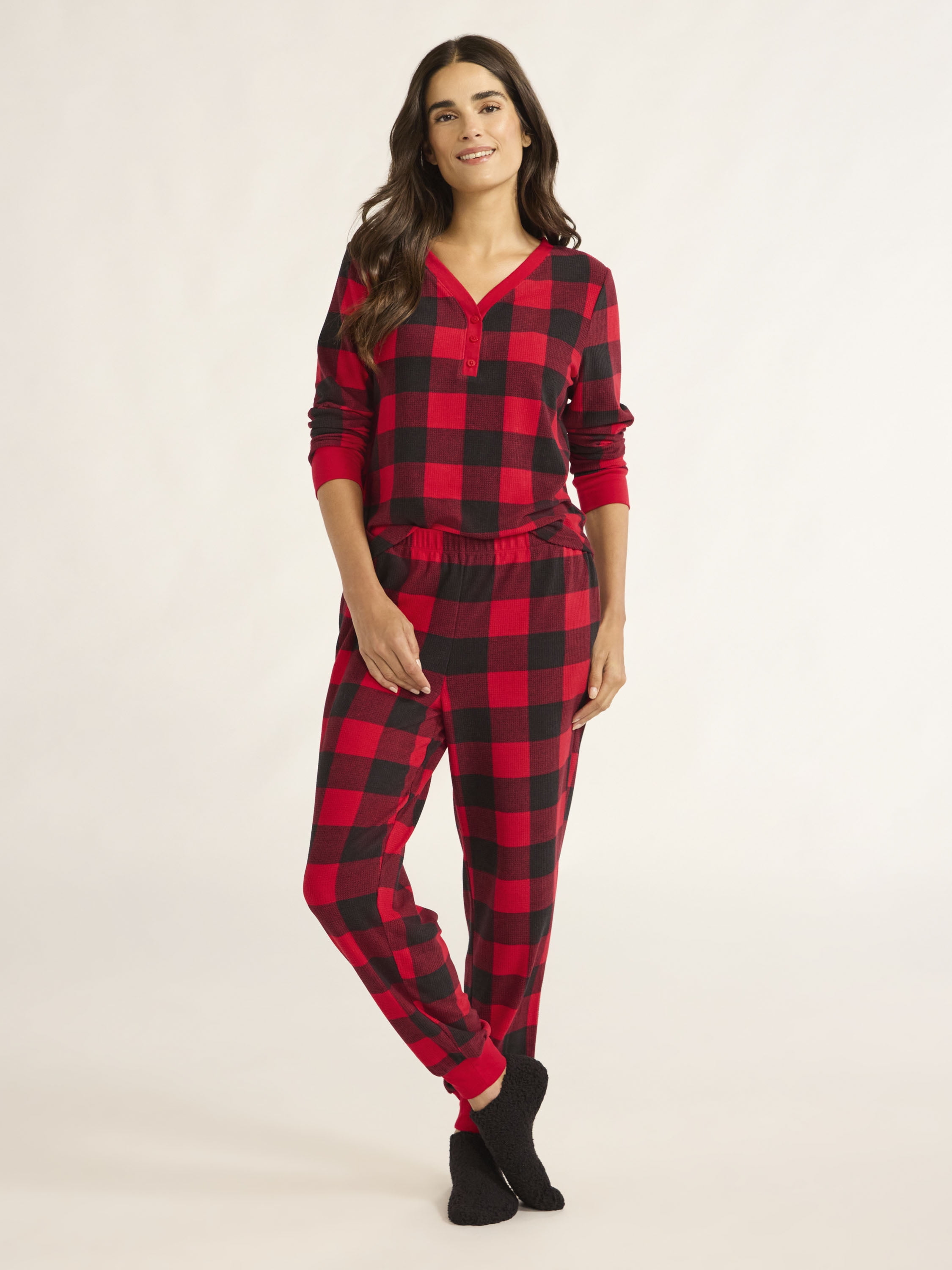 Joyspun Women's Velour Waffle Henley Sleep Top, Jogger Pants and Socks ...