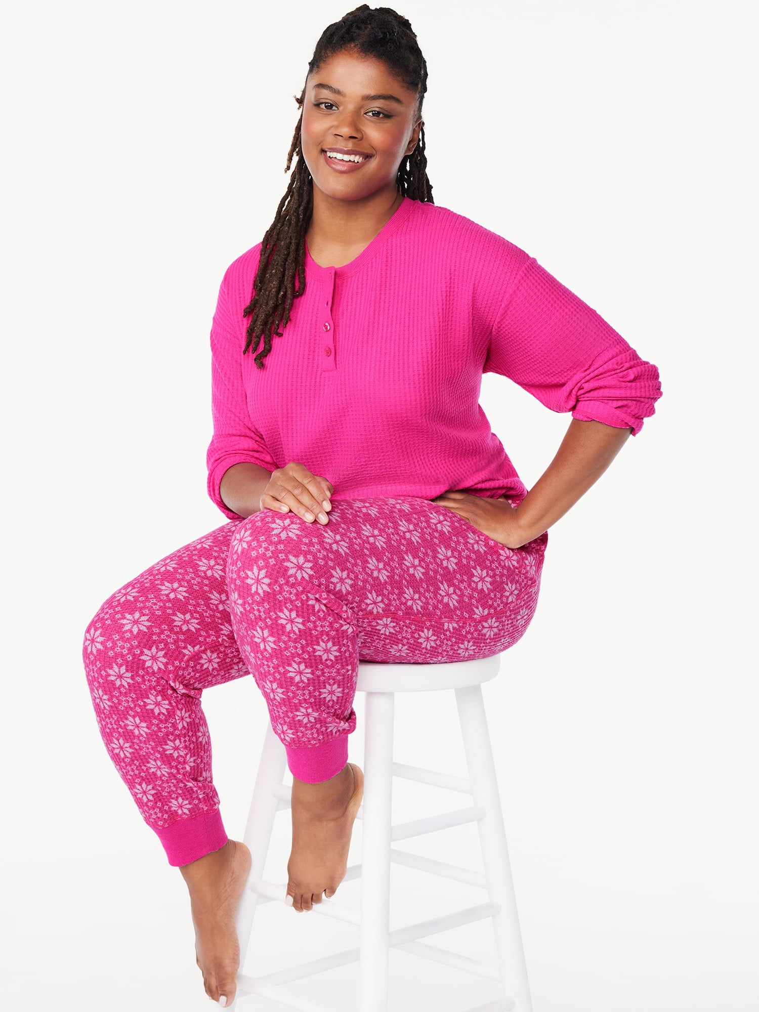 Joyspun Women's Waffle Hacci Knit Henley Top and Joggers Pajama Set, 2 ...