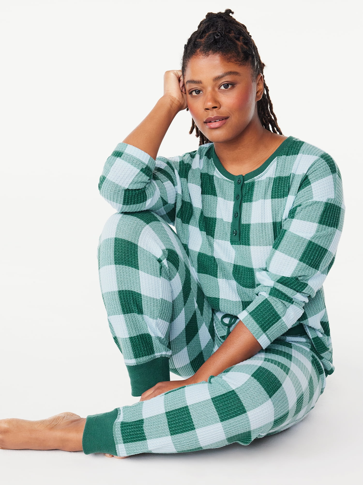 Joyspun Women's Waffle Hacci Knit Henley Top and Joggers Pajama Set, 2 ...
