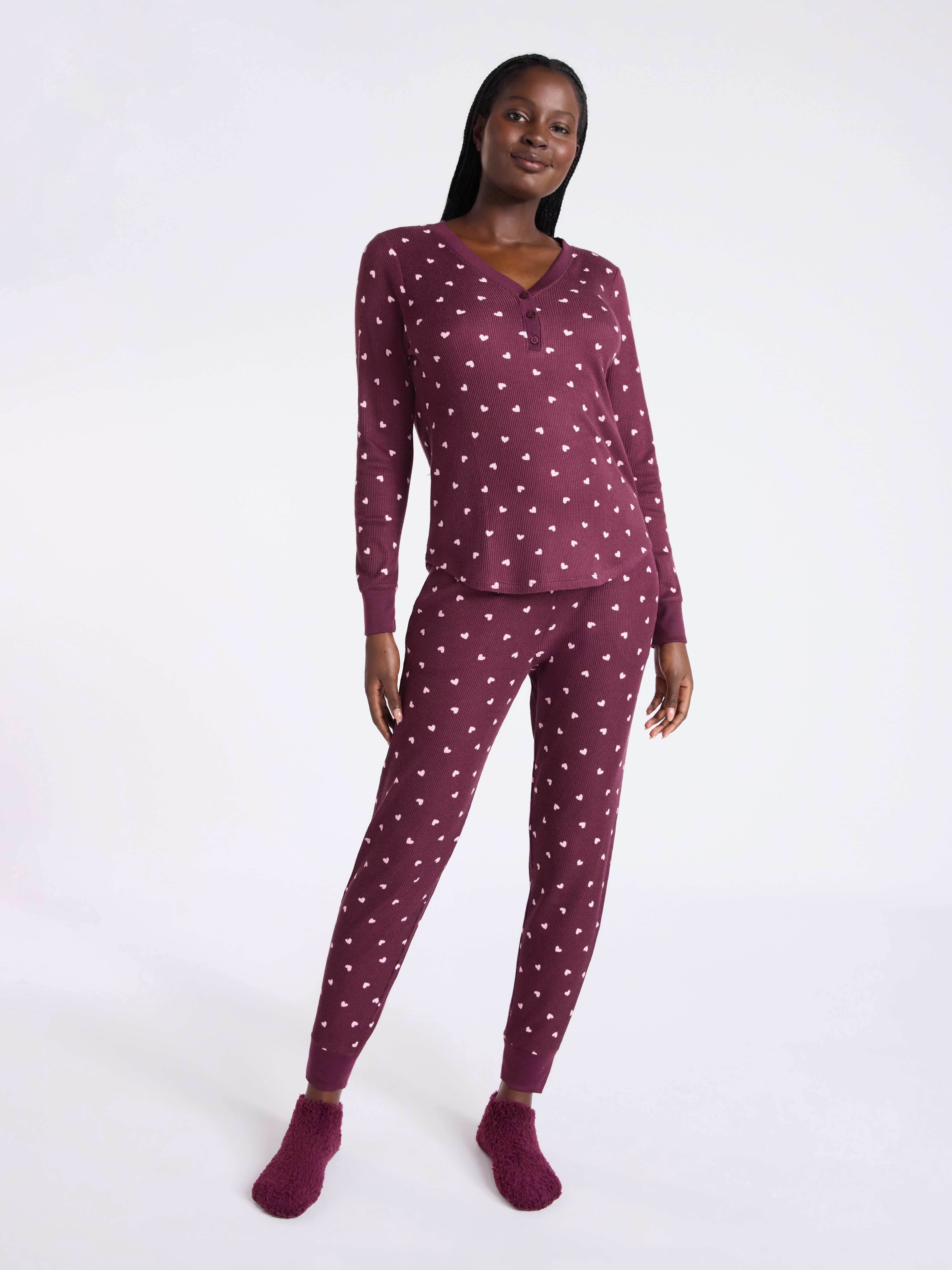 Joyspun Women's Waffle Knit Henley Sleep Top, Joggers and Socks Pajama ...