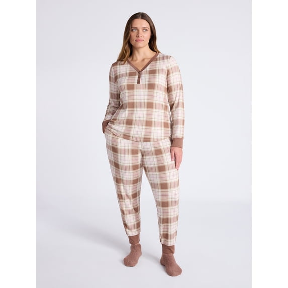 Joyspun Women's Waffle Knit Henley Sleep Top, Joggers and Socks Pajama ...