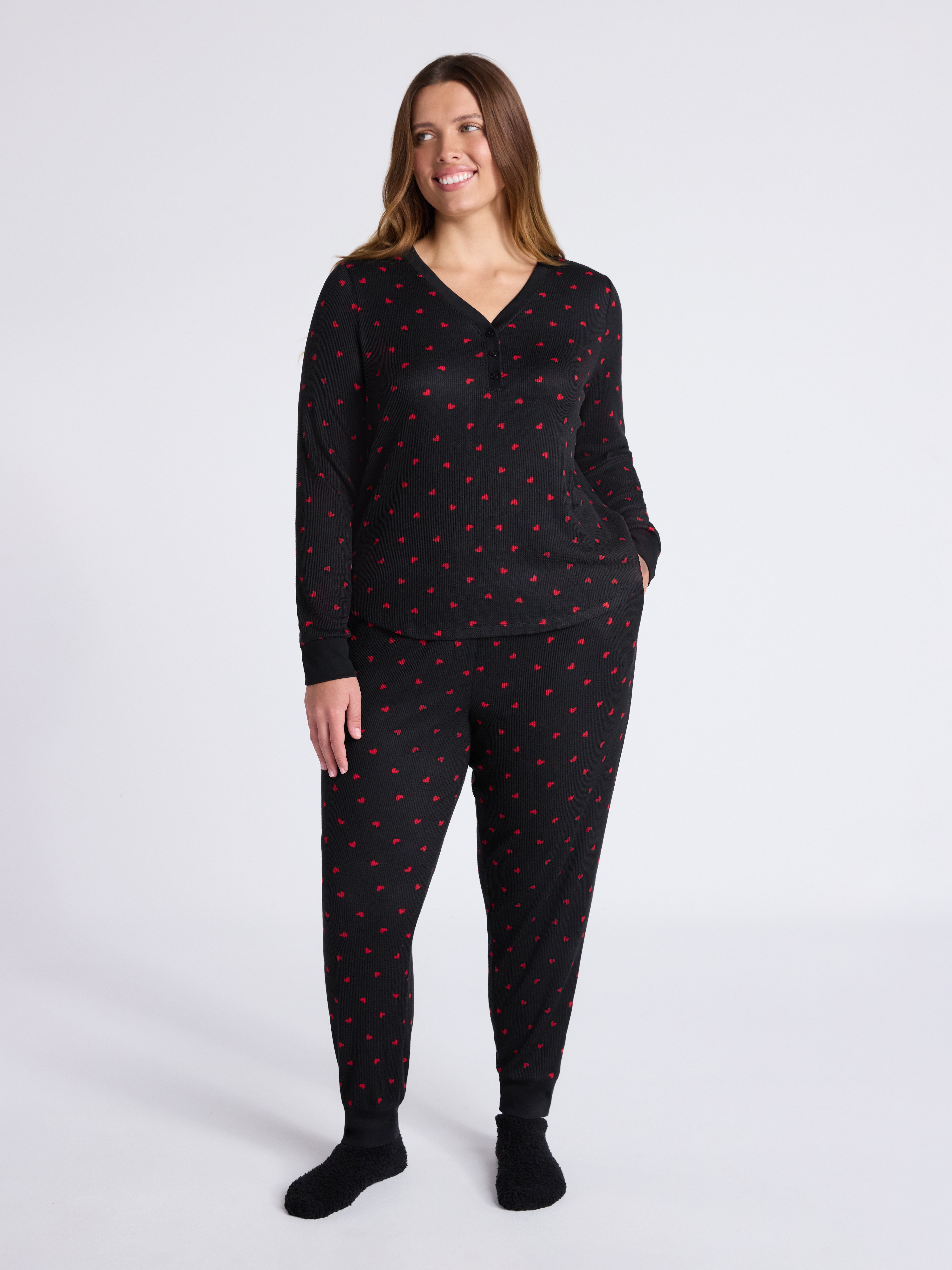 Joyspun Women's Waffle Knit Henley Sleep Top, Joggers and Socks Pajama ...