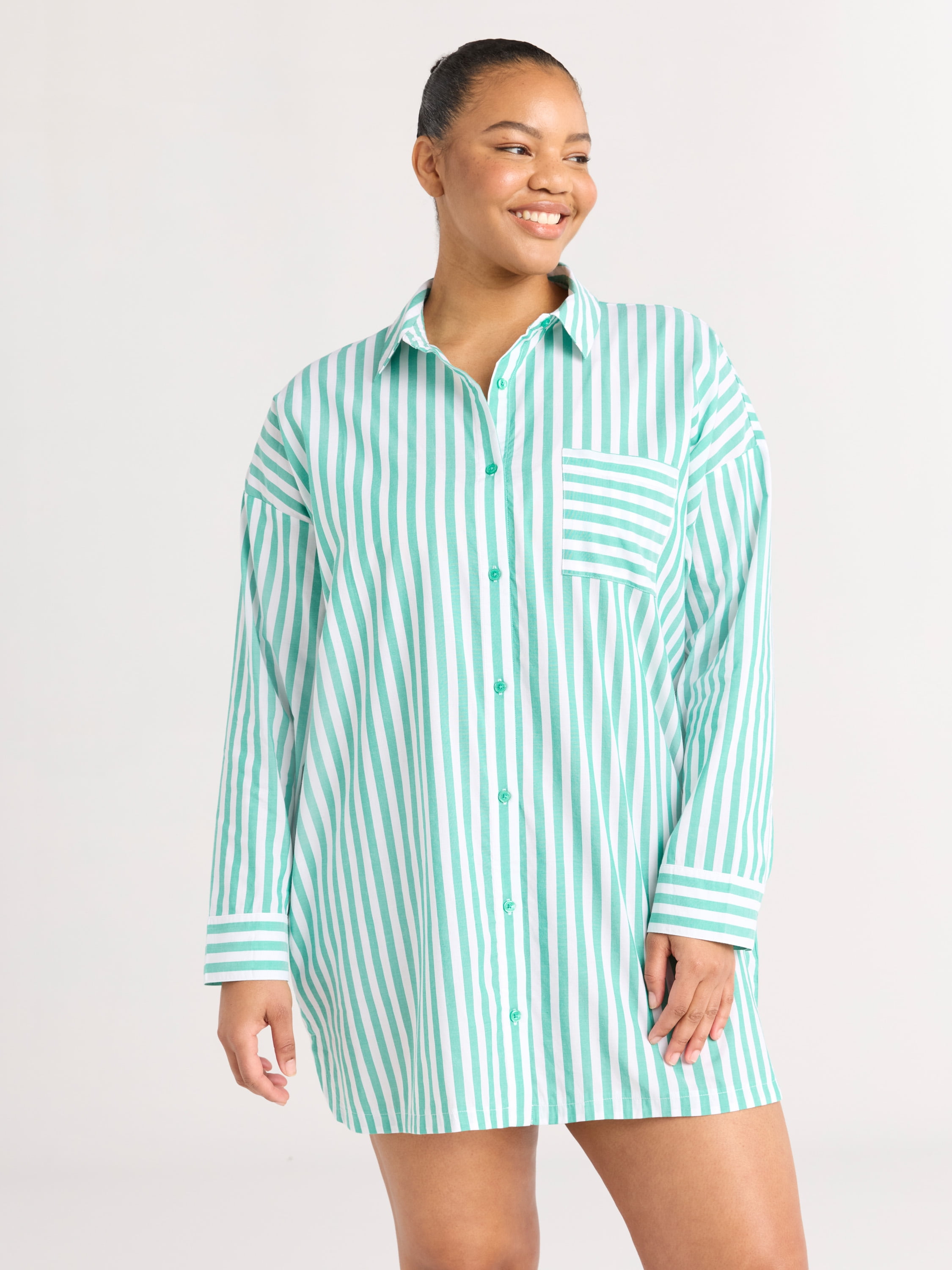 Joyspun Women’s Woven Long Sleeve Button Front Sleepshirt, Cotton ...