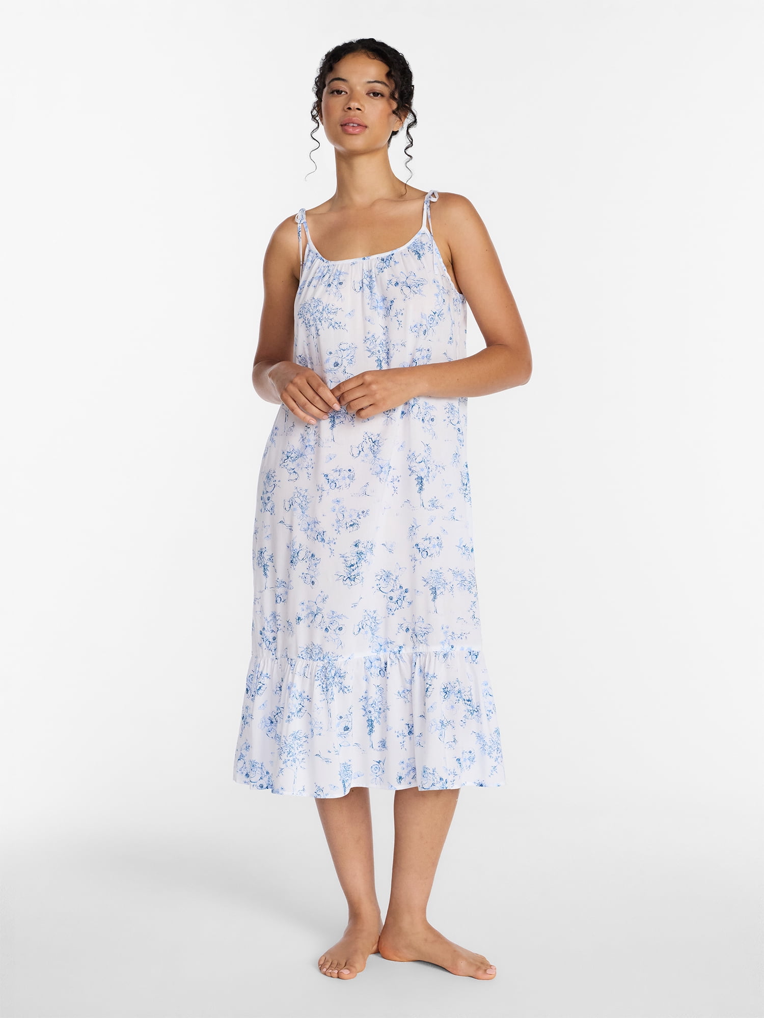 Joyspun Women's Woven Midi Sleep Gown with Shoulder Tie, Sizes XS-3X ...