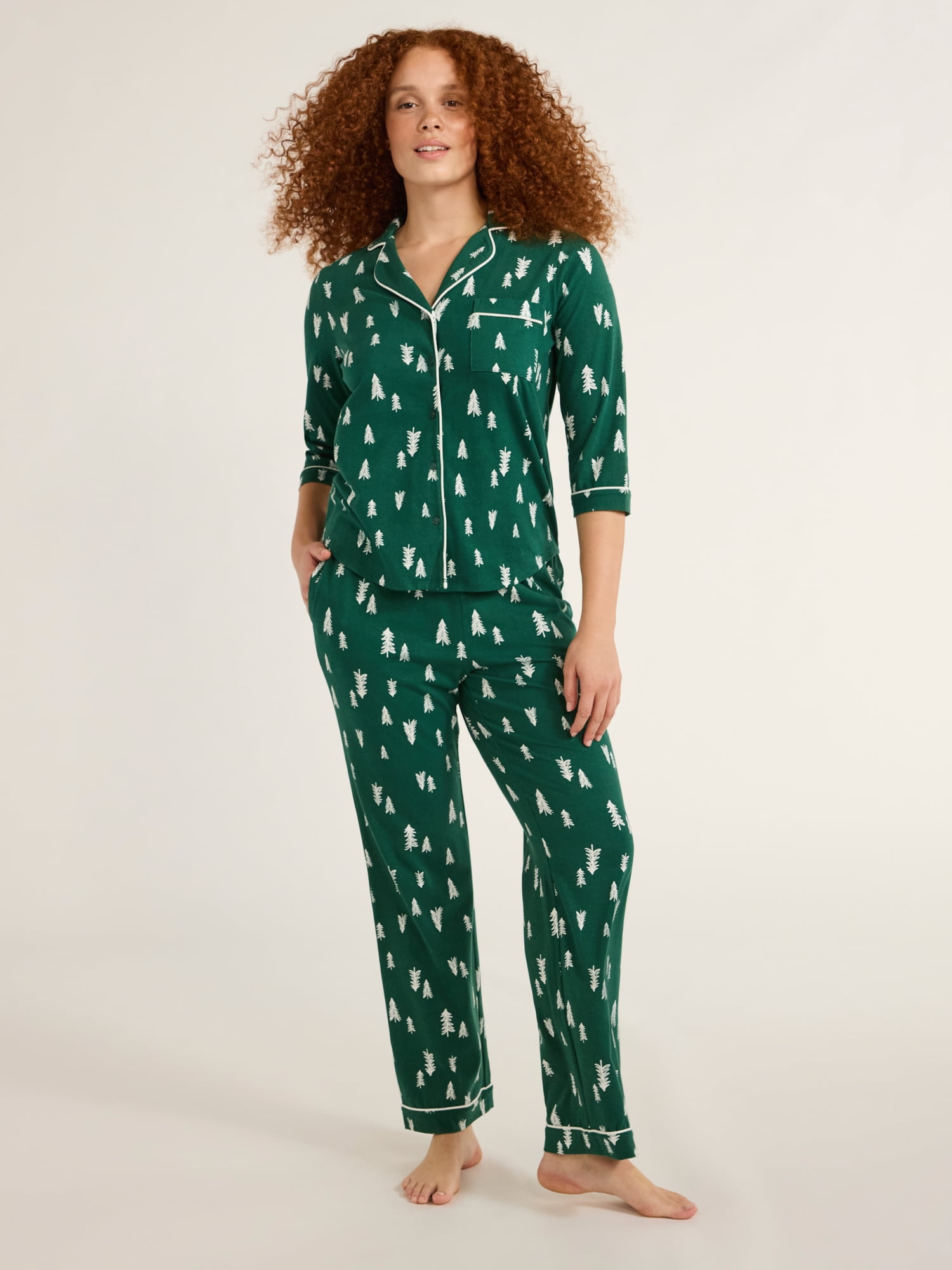 Joyspun Women’s and Women’s Plus Cotton Blend Notch Collar Pajama Set ...
