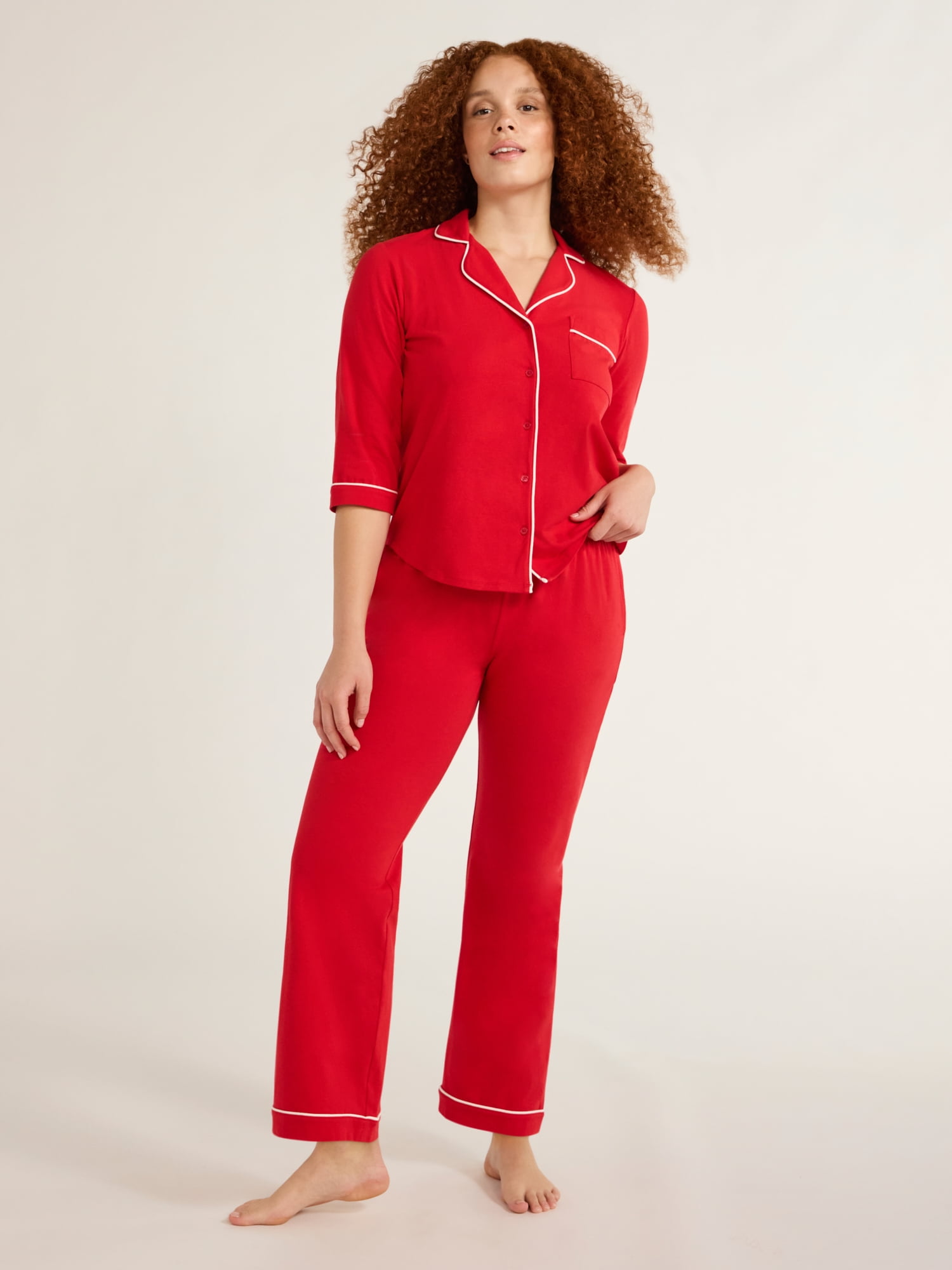 Joyspun Women’s and Women’s Plus Cotton Blend Notch Collar Pajama Set ...