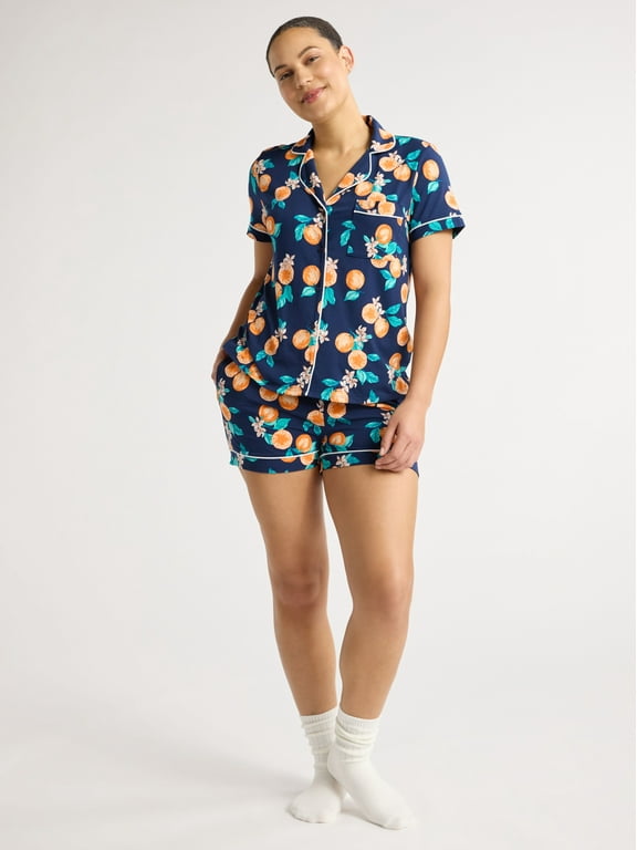 Joyspun Women's Short Sleeve Notch Collar Knit Top & Capri Pajama Set ...