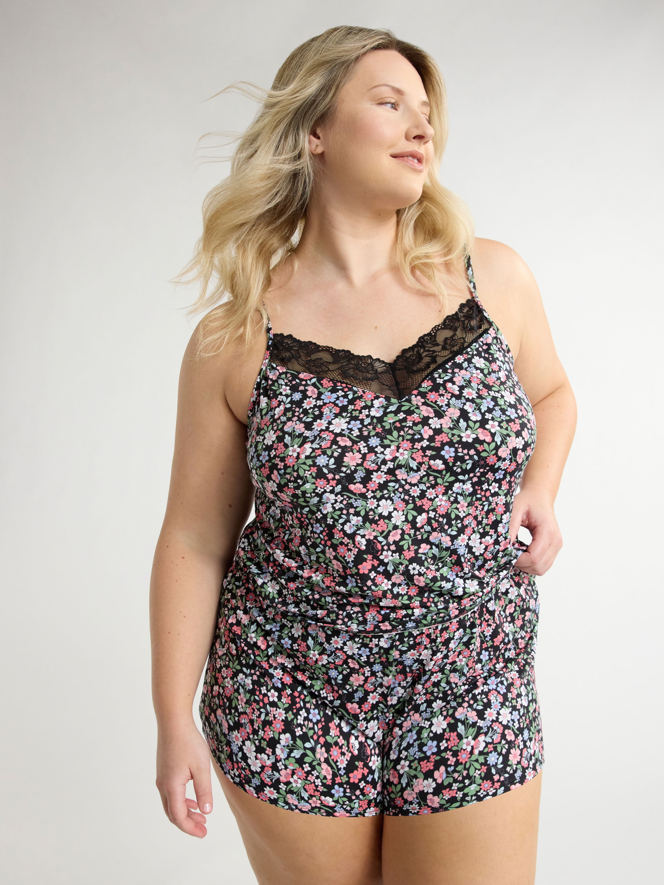 Joyspun Women’s and Women’s Plus Lace Trim Knit Cami and Shorts Pajama ...