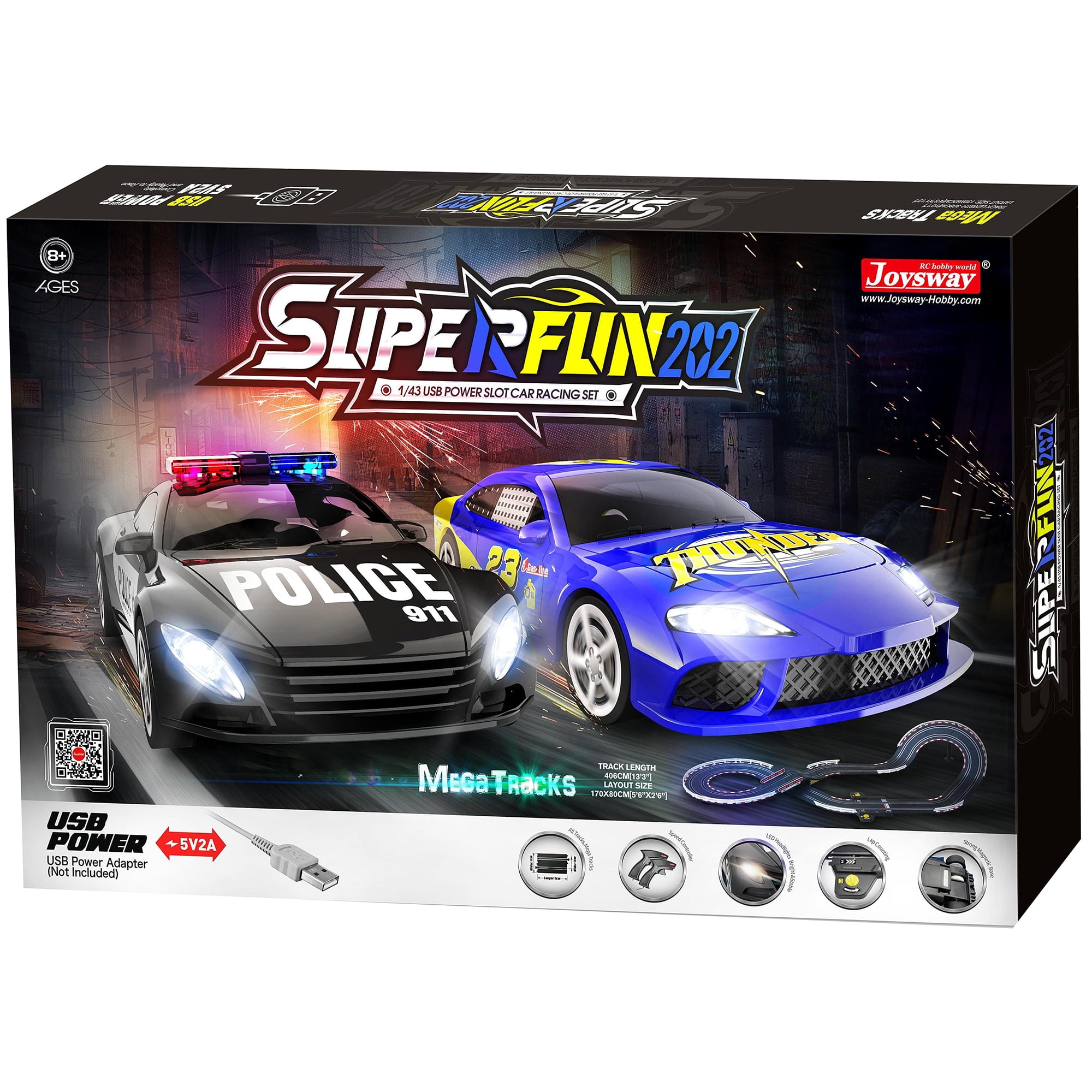 Joysway: SuperFun 202 - 1/43 USB Power Slot Car Racing Set, Layout Size: 66"x30", LED Headlights ...