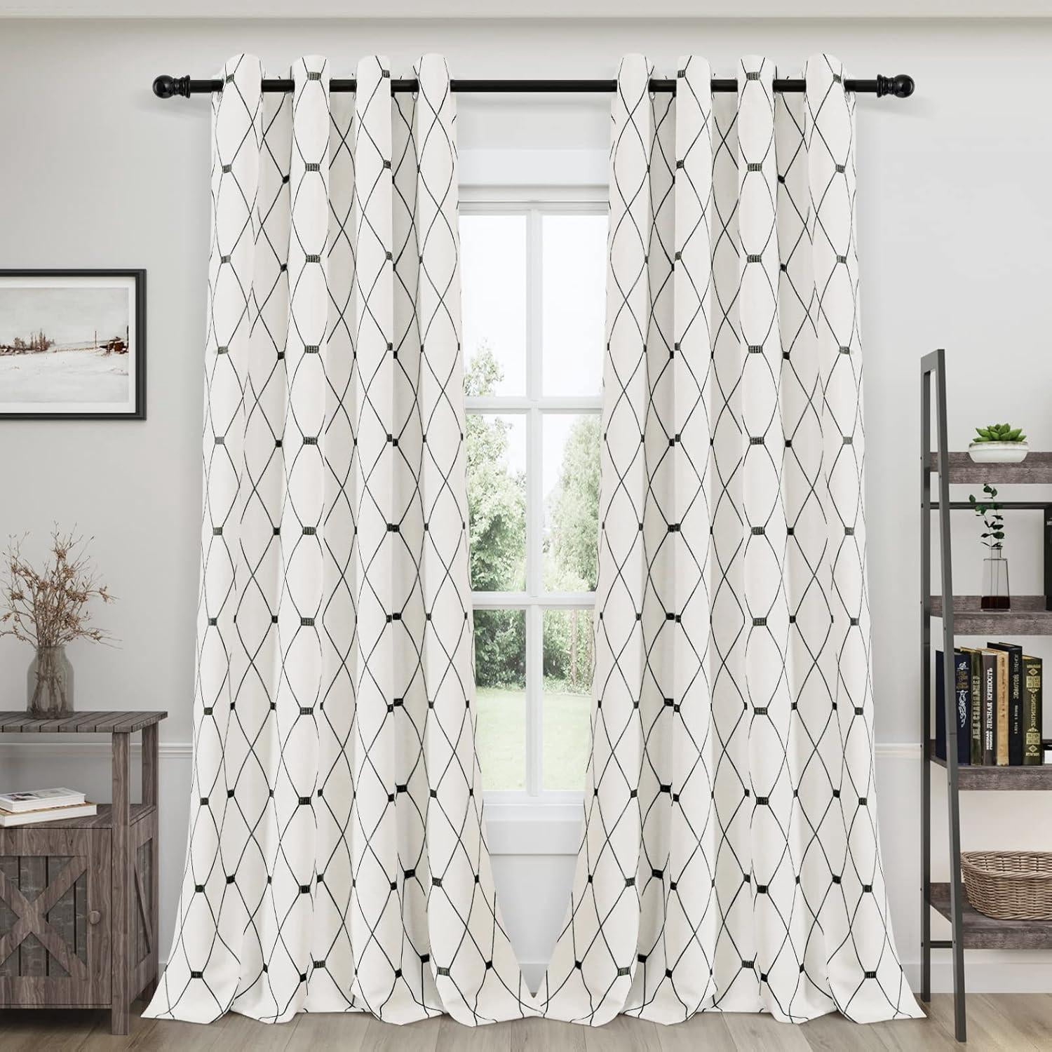 Joywell Linen Textured 90 inch Curtains for Living Room Embroidered ...