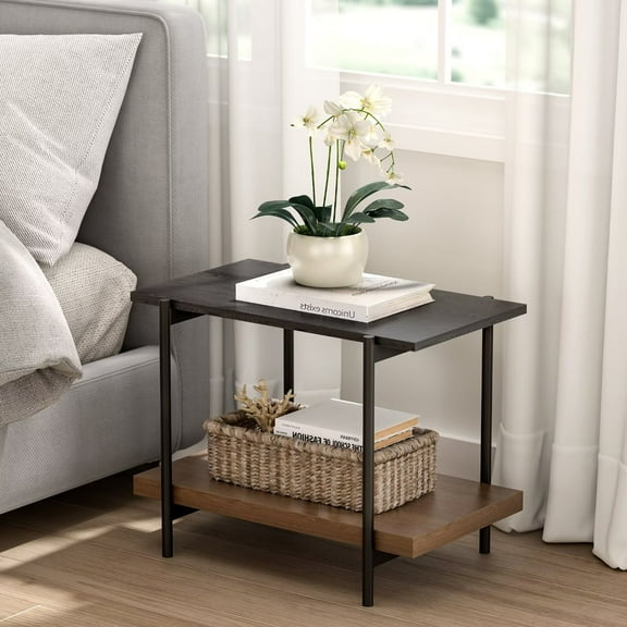 Gadroad Round End Table with Storage Shelf, 2 Tier Farmhouse Side Table ...
