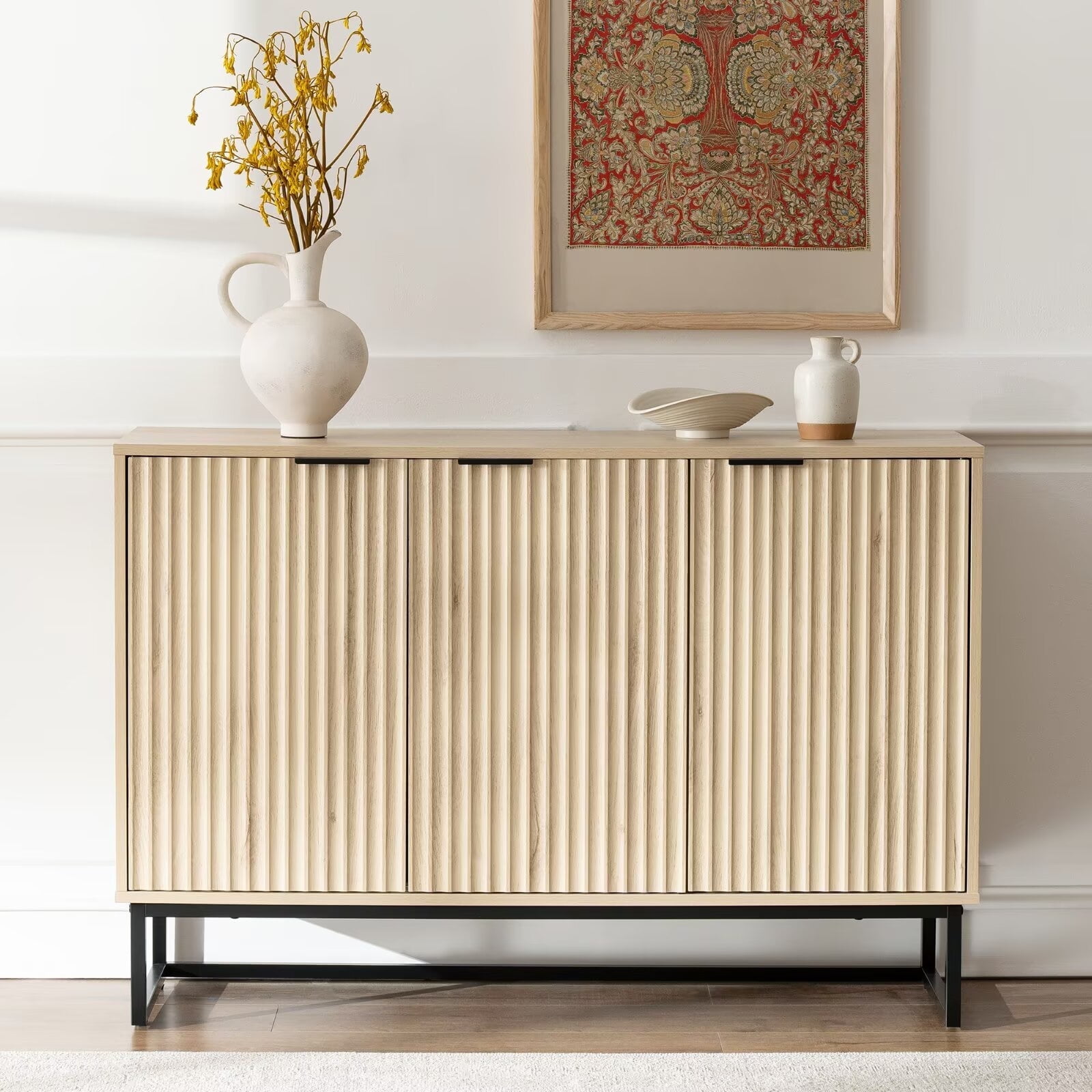 Joyyskill Fluted Storage Cabinet with 3 Doors, Sideboard Buffet Cabinet ...