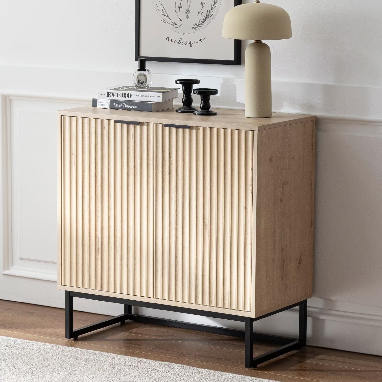 Joyyskill Fluted Storage Cabinet, Sideboard Buffet, Light Oak ...