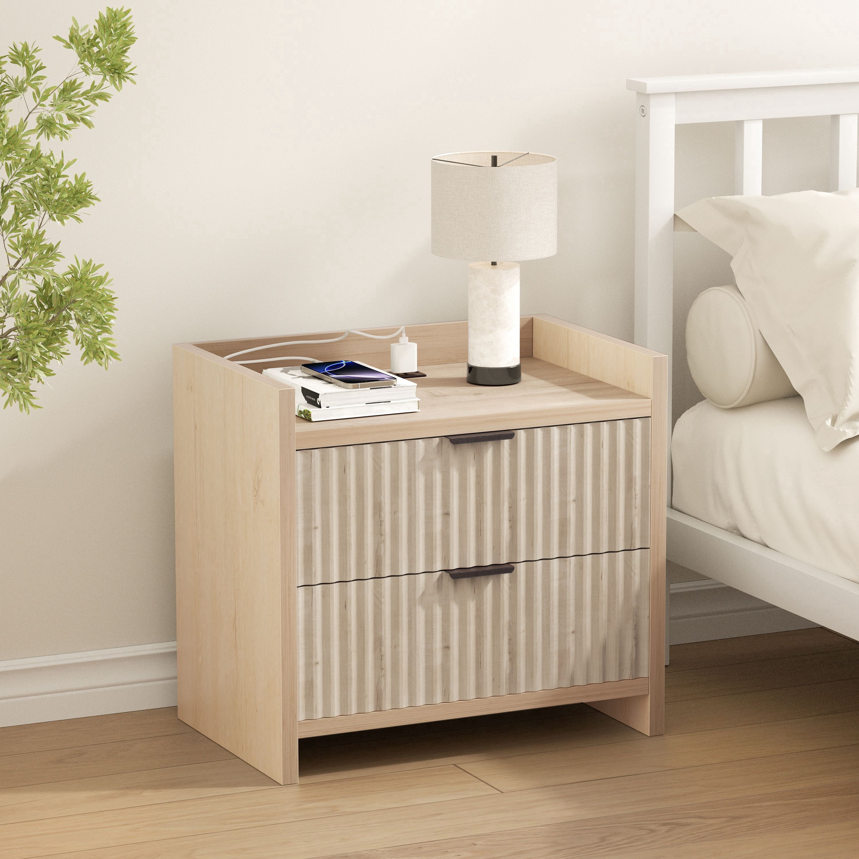 Jpiziso Modern Nightstands Wooden Bedside Table with Double Drawers USB ...