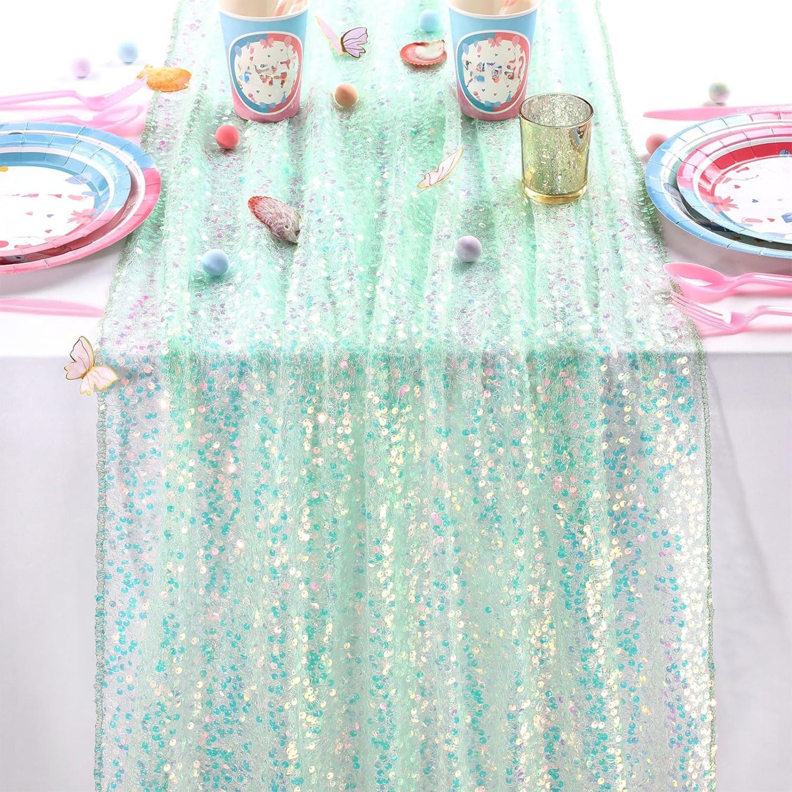 Jpxdew Shiny Green Sequin Table Runner, 13x70.86 Inches, Iridescent ...