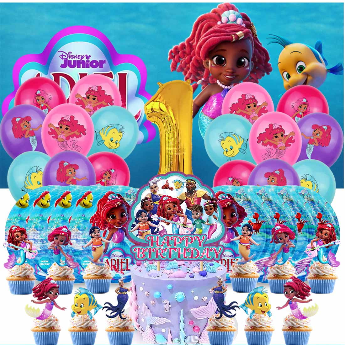 Jr.'s Ariel Junior Black Mermaid Balloons Party Supplies 1st Decor ...
