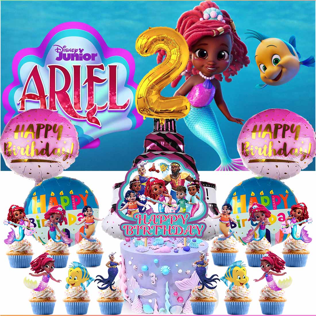 Jr.'s Ariel Junior Black Mermaid Party Supplies Decor 2nd Kit Balloons ...