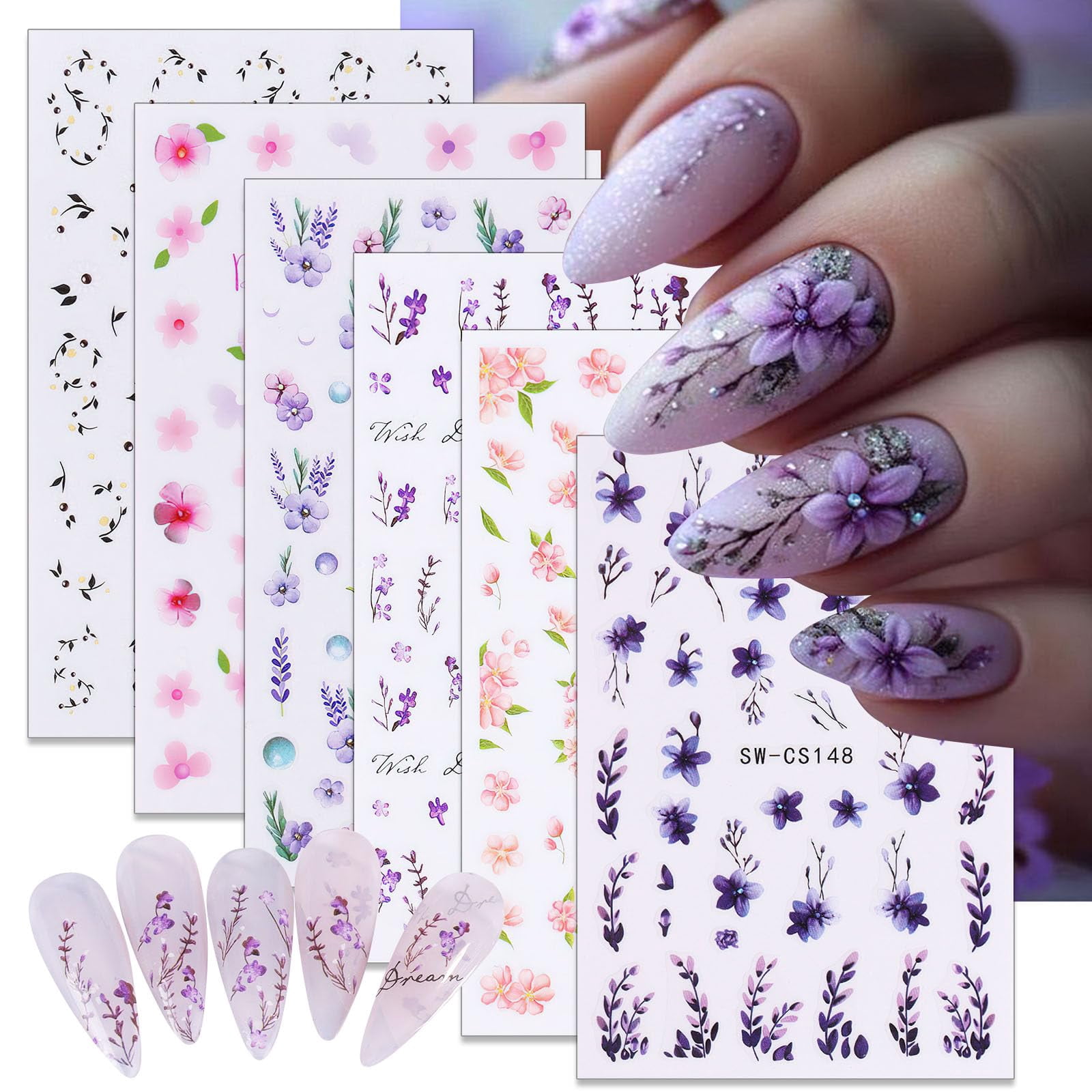 Jremg Flower Nail Art Stickers Summer Cherry Blossom Floral Nail Decals ...