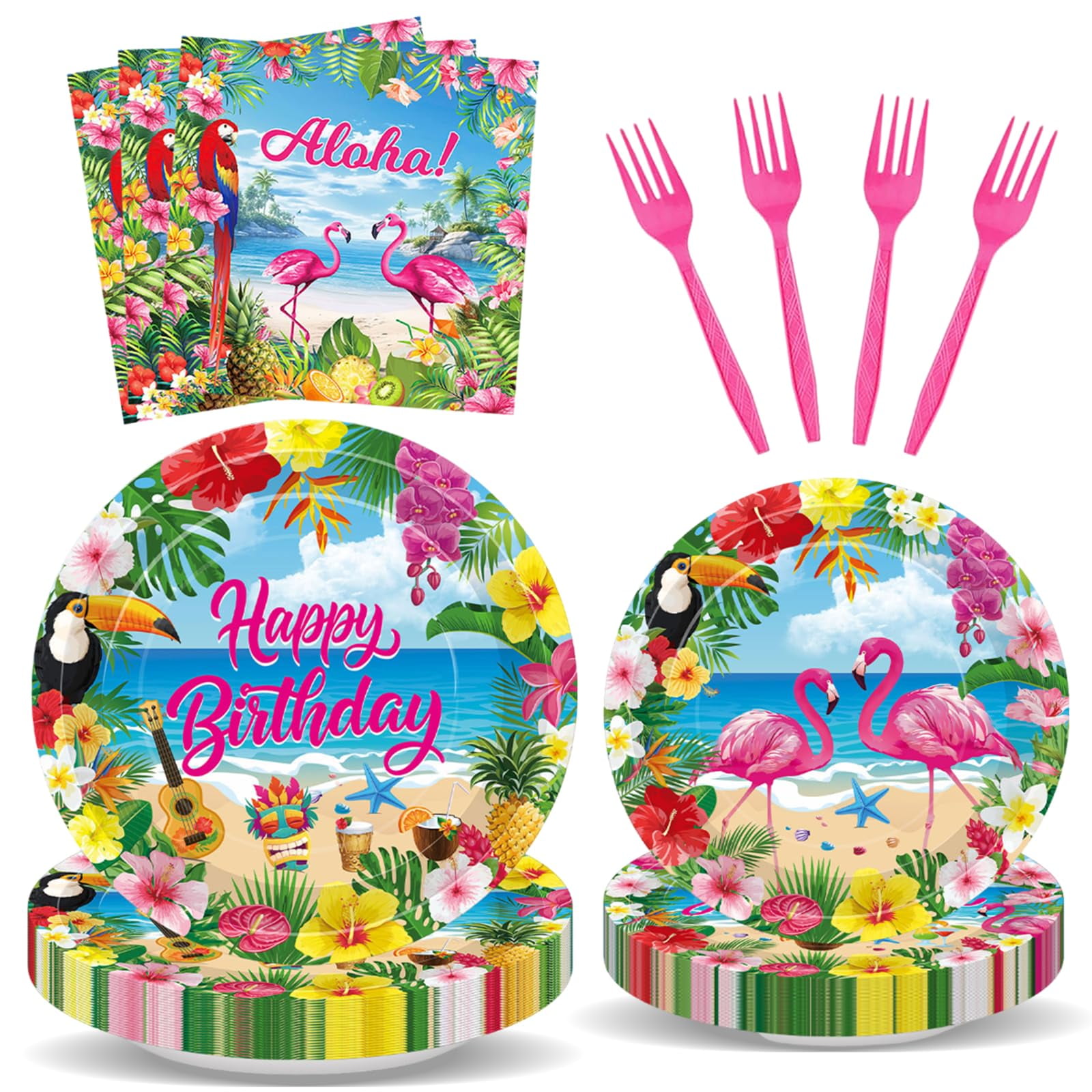Jremreo 100 Pcs Tropical Aloha Flamingo Birthday Party Set - Serves 25 ...