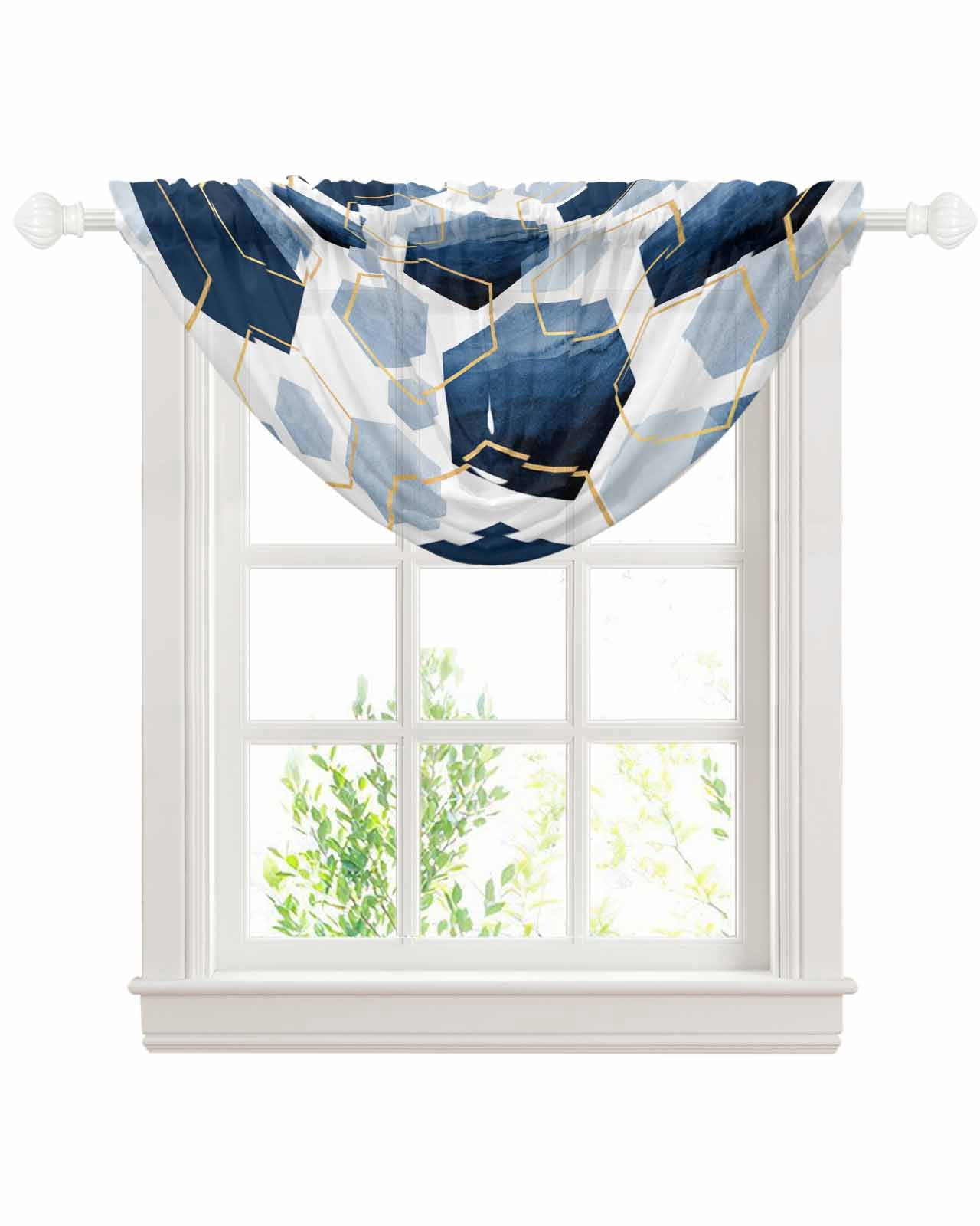 Jrskoticrtt Waterfall Valance Curtains Navy Blue Geometric Sheer Swag ...