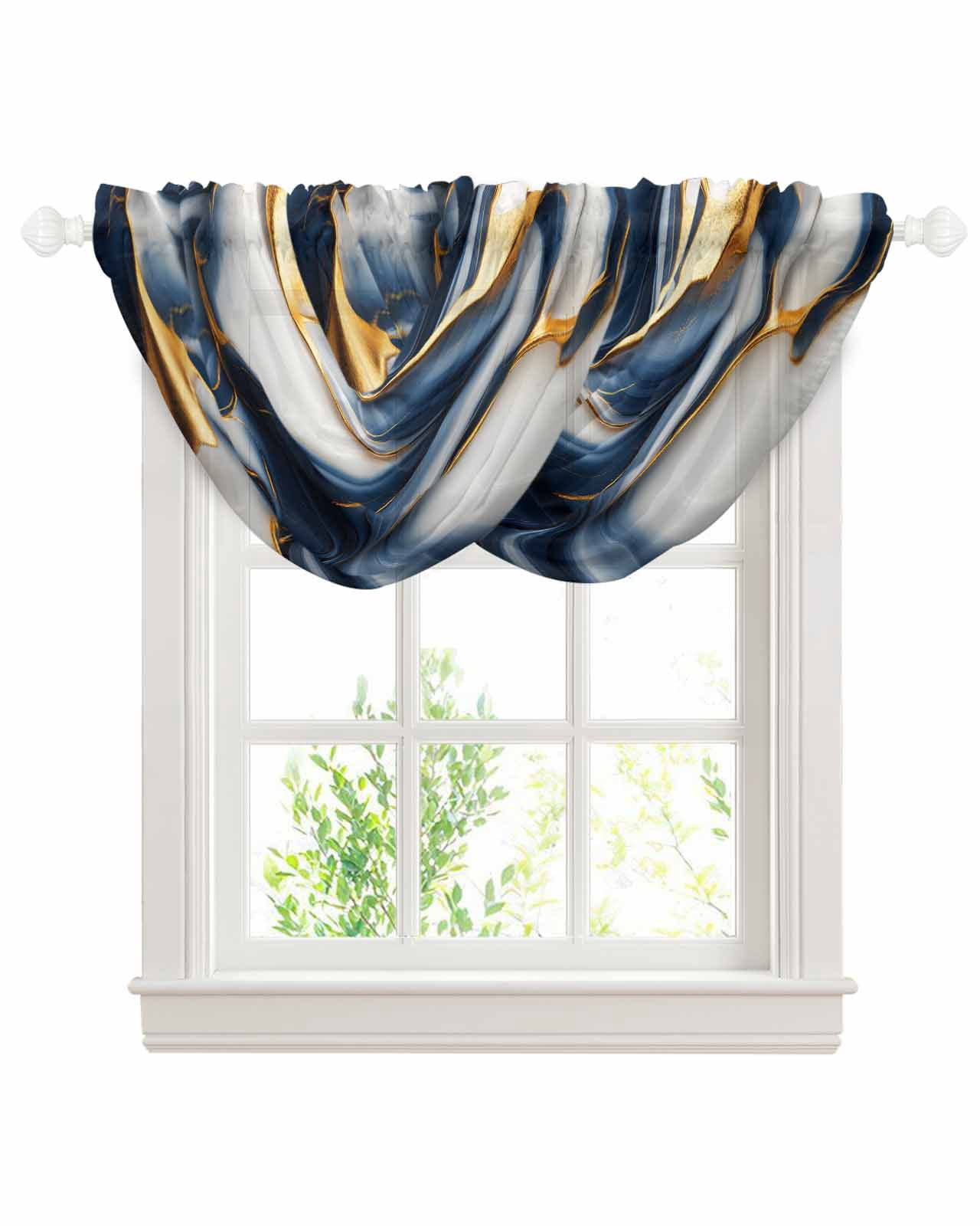 Jrskoticrtt Waterfall Valance Curtains Navy Blue Marble Sheer Swag ...