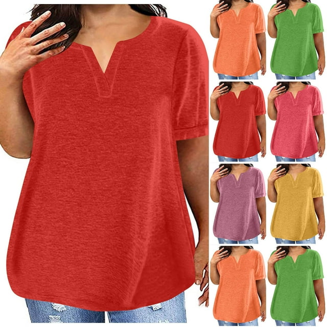 Jsaierl 2025 Summer Cotton Plus Size Tops for Women Trendy Short Sleeve V Neck Loose Blouse ...
