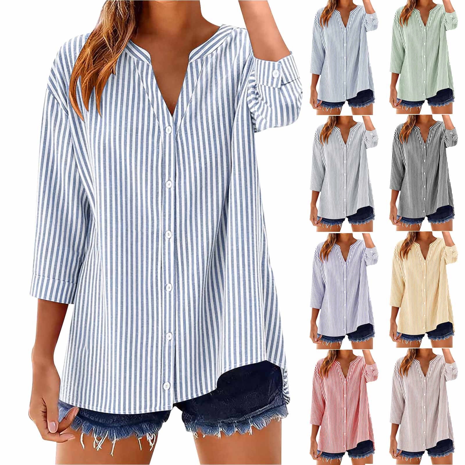 Jsaierl 3/4 Sleeve Cotton Linen Tops for Women Summer Button Up V Neck ...