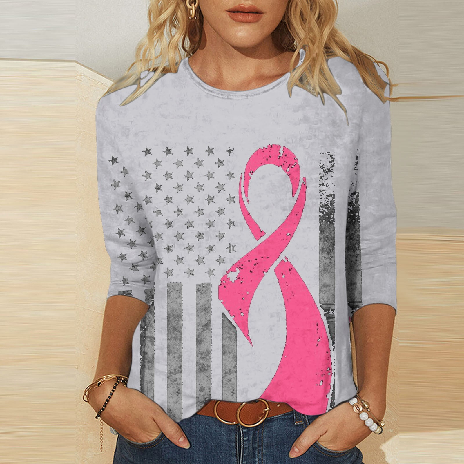 Jsaierl Breast Cancer Shirts Women Pink Ribbon Graphic Tees Funny 3/4 ...