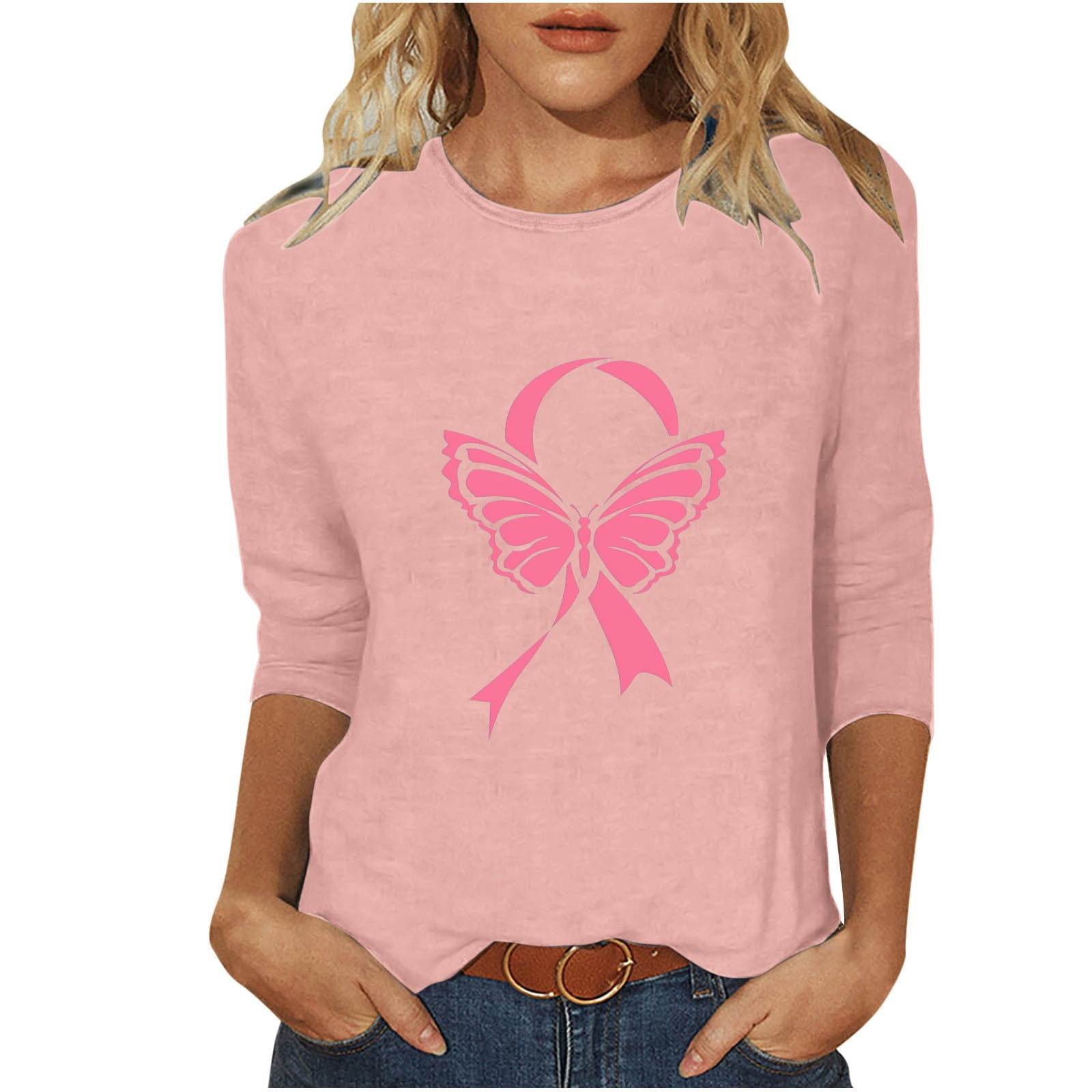 Jsaierl Breast Cancer Shirts Women Pink Ribbon Graphic Tees Funny 3/4 ...