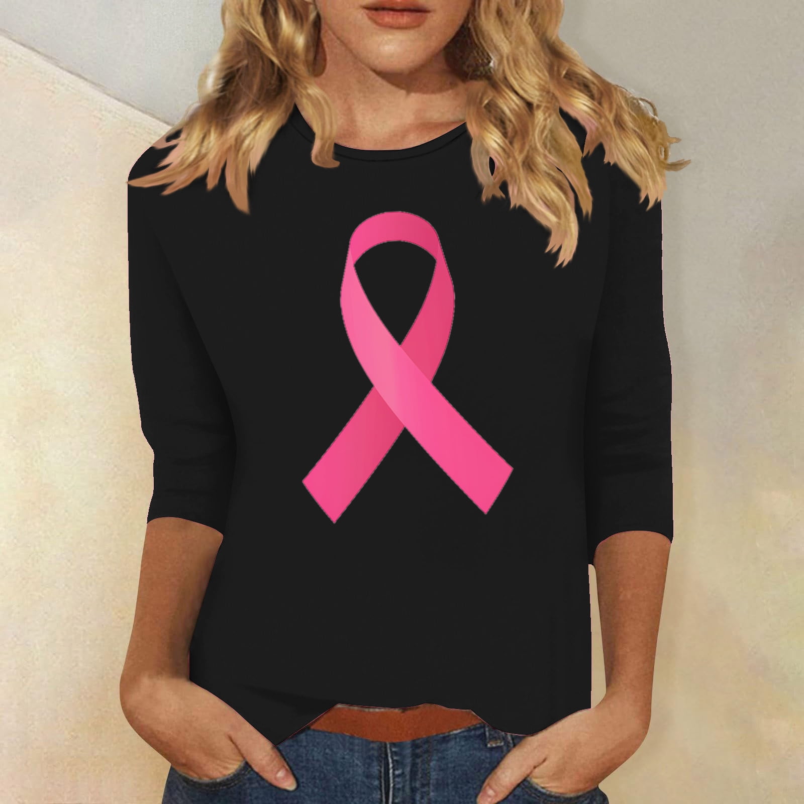 Jsaierl Breast Cancer Shirts Women Pink Ribbon Print Tees Funny 3/4 ...