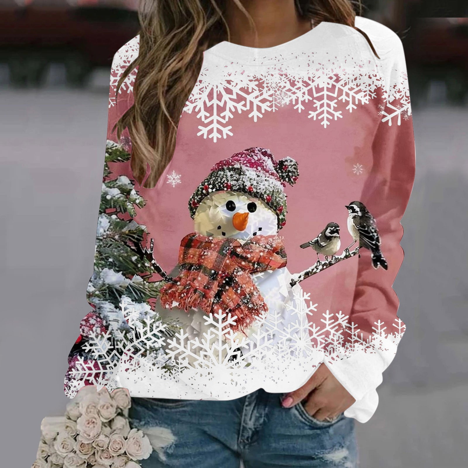 Jsaierl Christmas Sweatshirt for Women Funny Xmas Snowman Graphic Tops Christmas Ugly Sweater ...