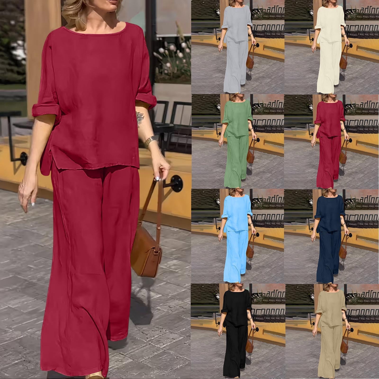 Jsaierl Cotton Linen Sets for Women 2 Piece Outfits Summer Loose 3/4 ...