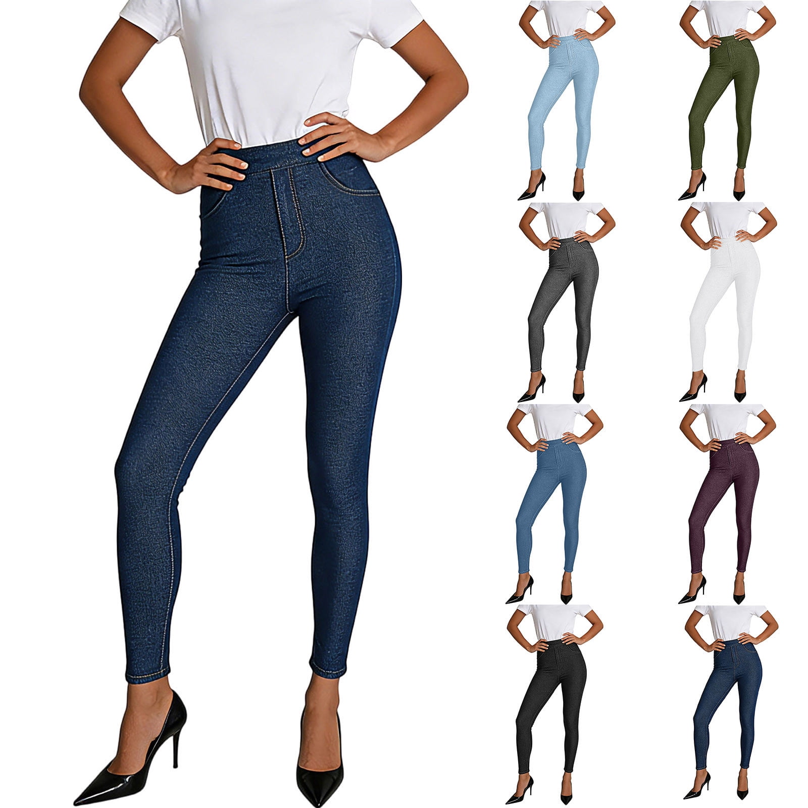 Jsaierl Faux Jeans for Women High Waist Distressed Denim Pants Casual ...