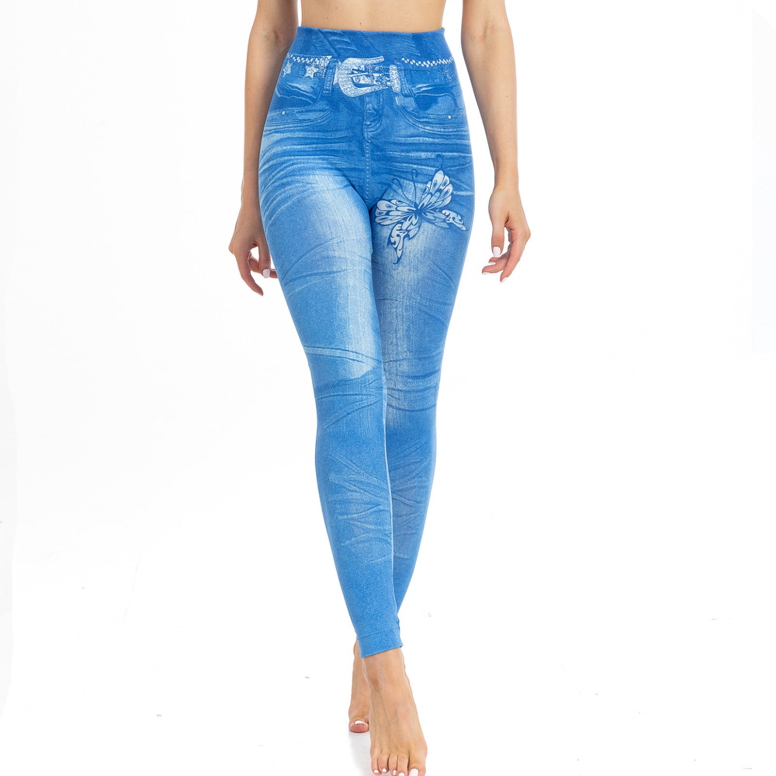 Jsaierl Faux Jeans for Women High Waist Distressed Denim Pants Washed ...