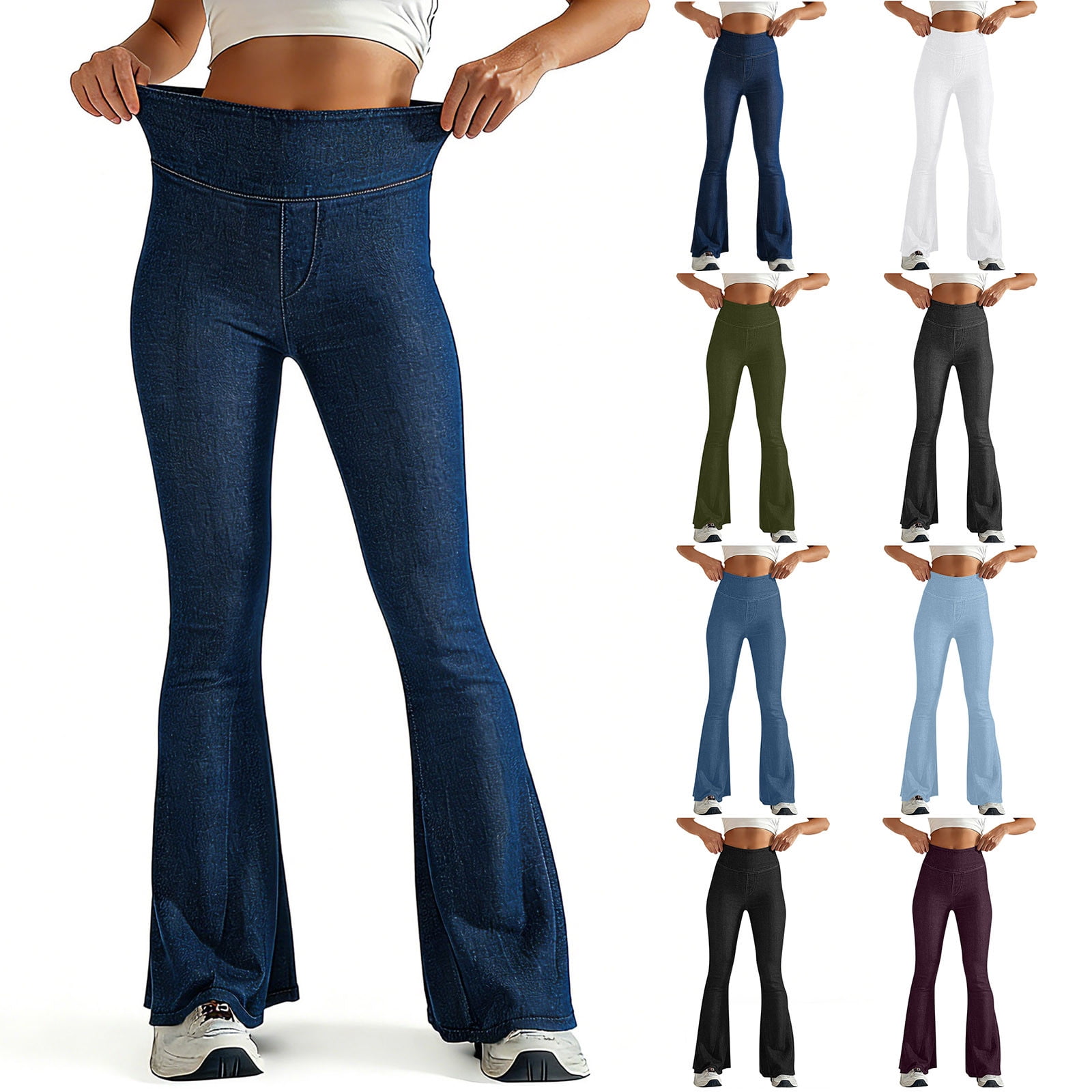 Jsaierl Flare Faux Jeans for Women High Waist Distressed Denim Pants ...