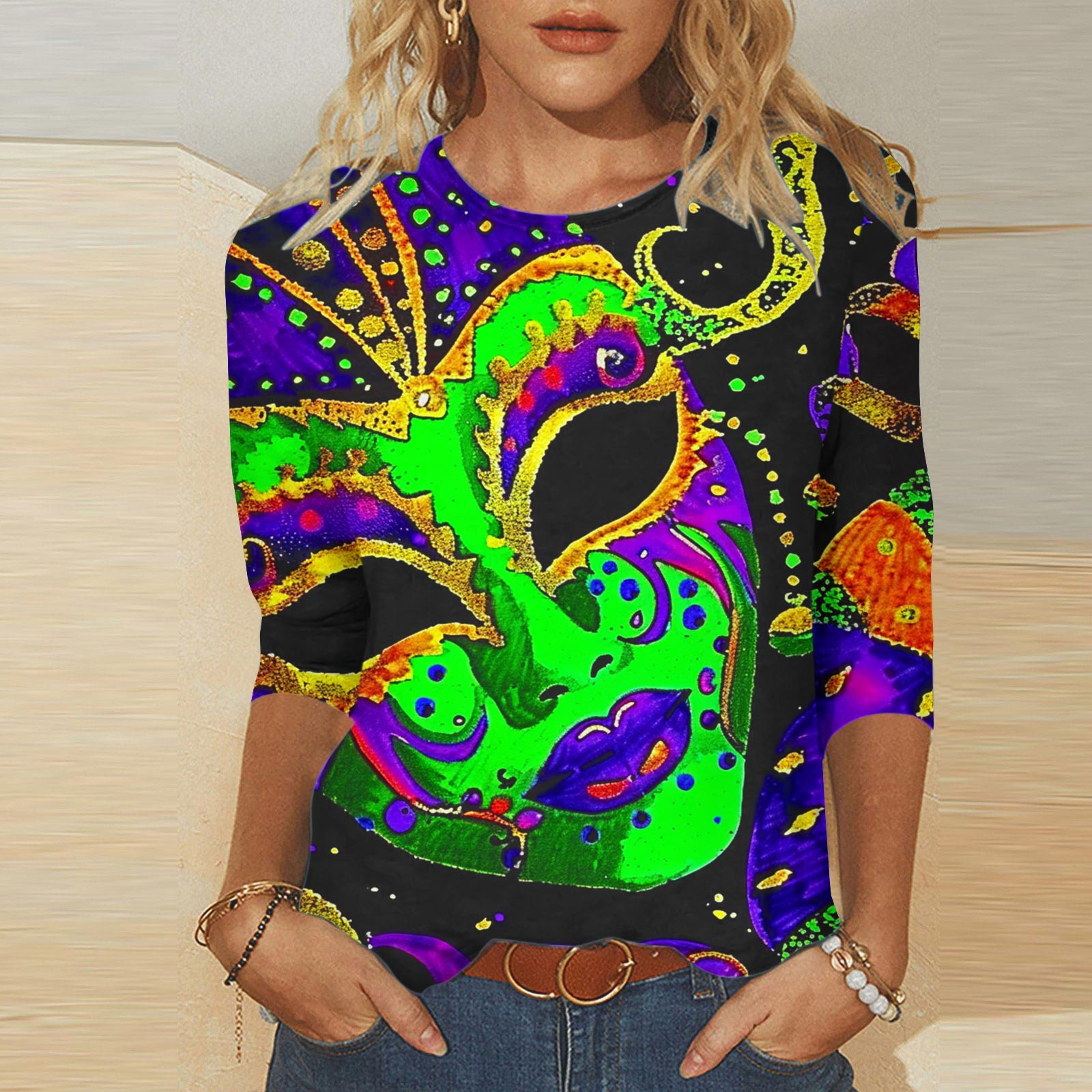 Jsaierl Happy Mardi Gras Shirts for Women Funny Carnival Themed Mask ...