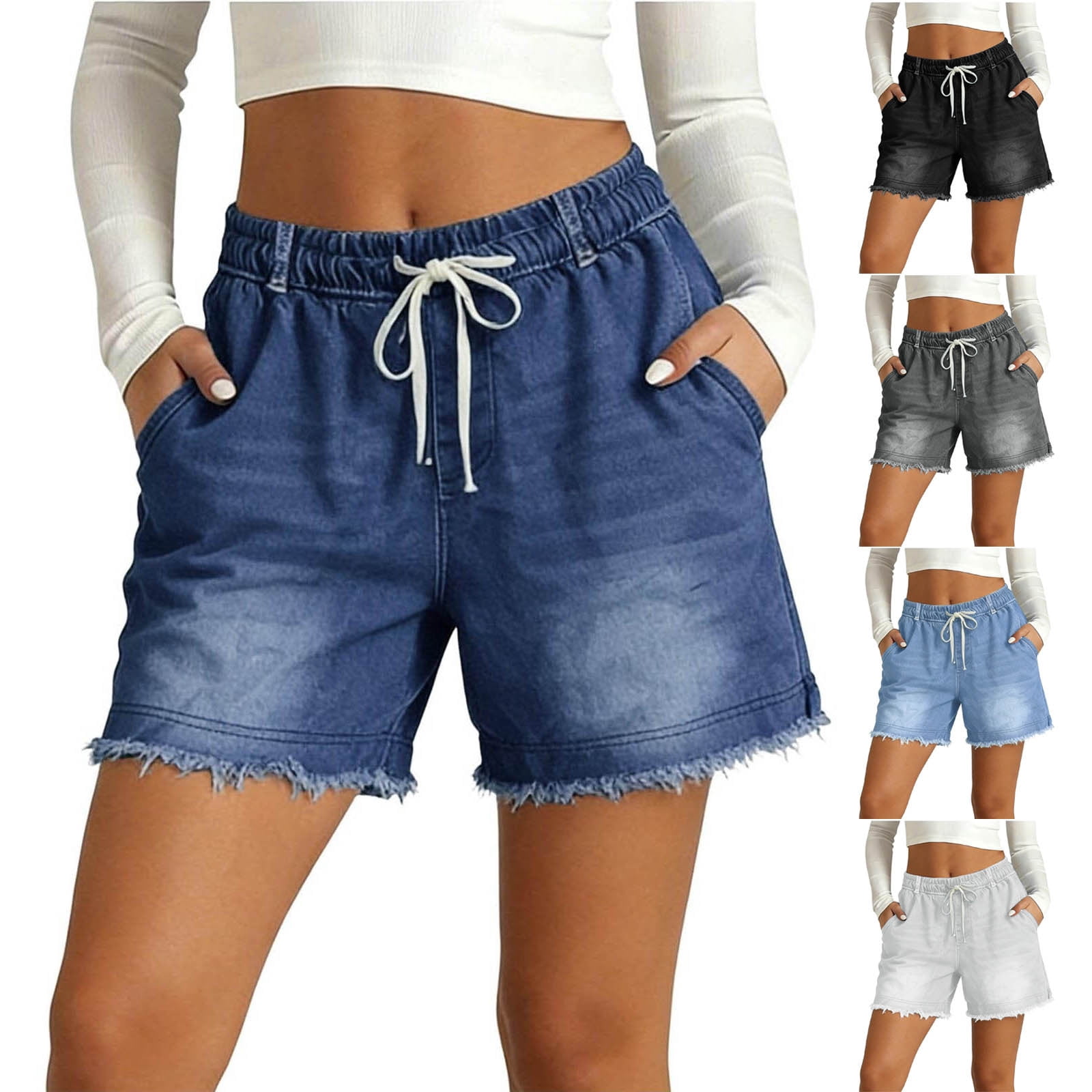 Jsaierl Jean Shorts for Women Elastic Waist Drawstring Stretchy ...