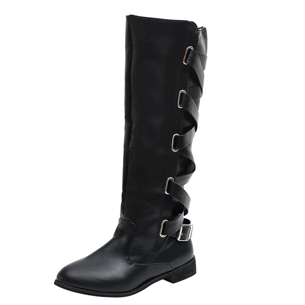 Jsaierl Knee High Boots For Womens Strappy Motorcycle Knee High Boots ...
