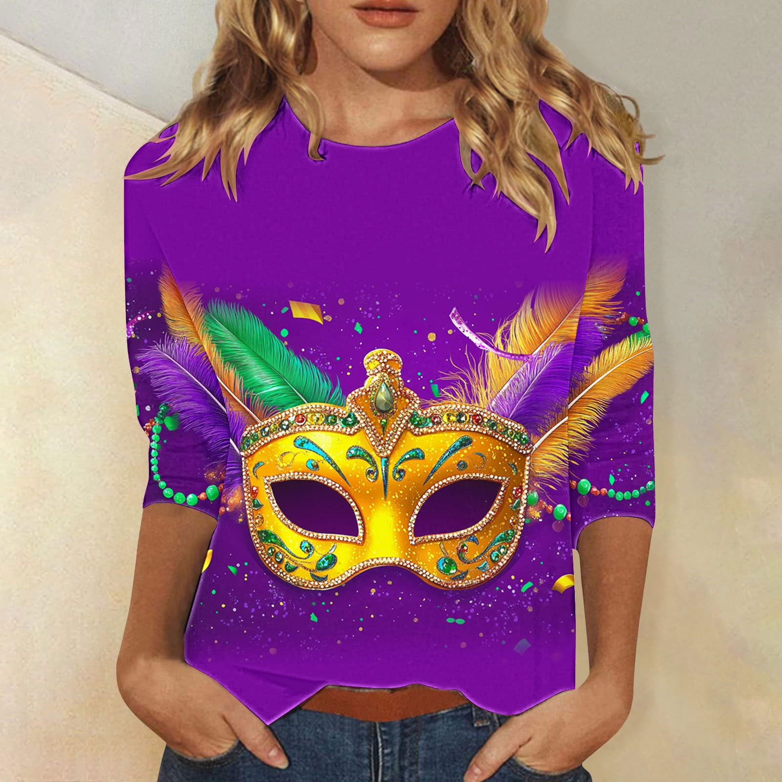Jsaierl Mardi Gras Clothings for Women 3/4 Sleeve Mask Graphic Blouse ...
